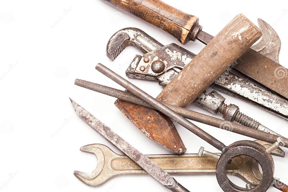 Old Metal Work Hand Tools with Rust on White Stock Image - Image of ...