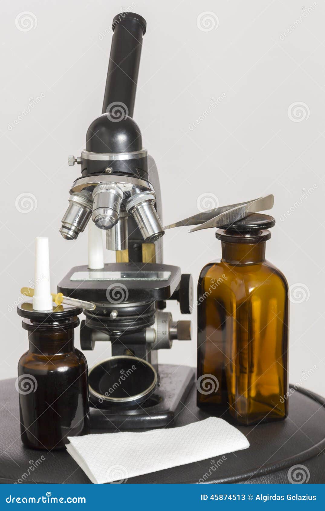 Old Microscope and Two Dark Bottles Stock Image - Image of black ...