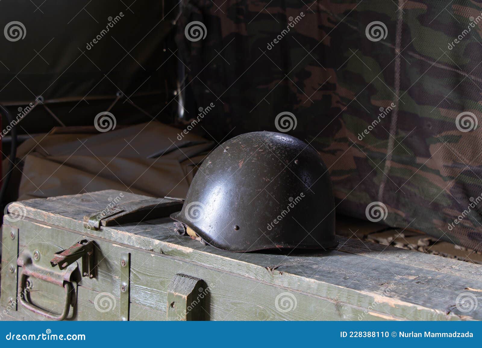 Old Military Helmet On The Ammunition Crate. Military Background. War ...