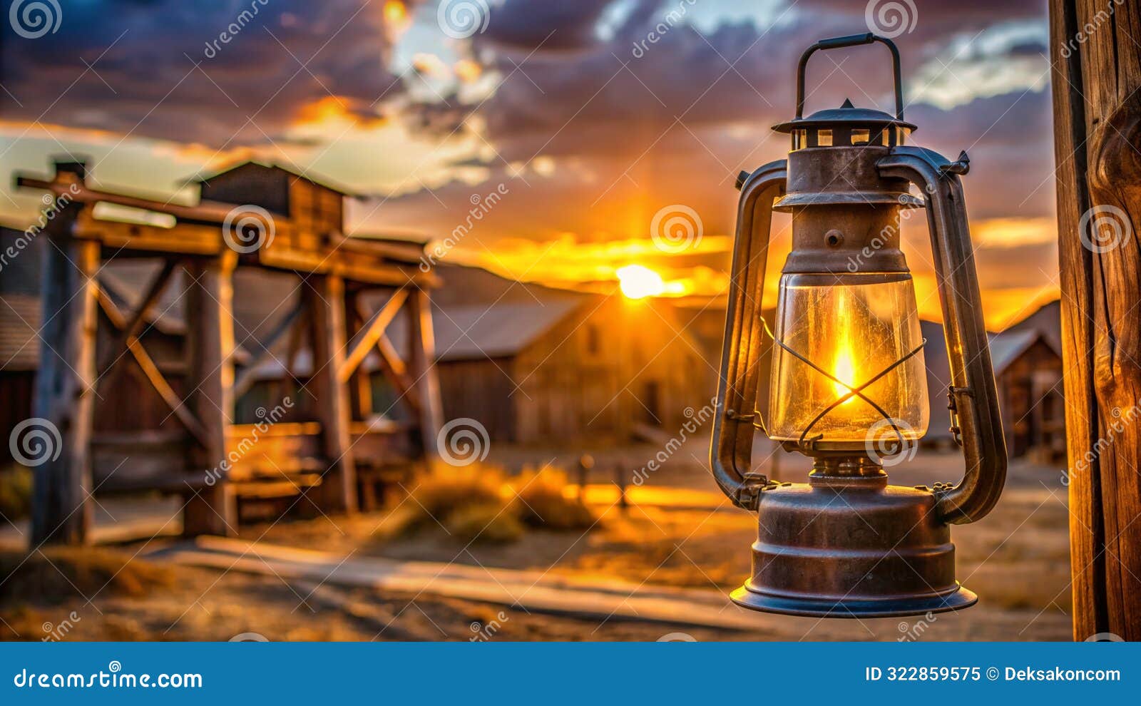 Old Mining Lantern on a Lamppost in Front of Old Mining Camp during Sunset Creative AI Stock ...