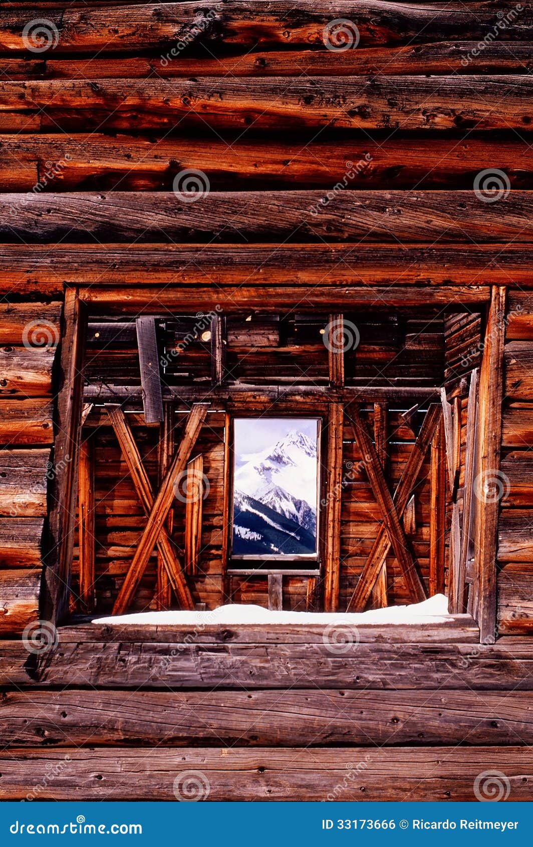 Old Mining Log Cabin with Mountian View through Wi Stock Photo - Image ...