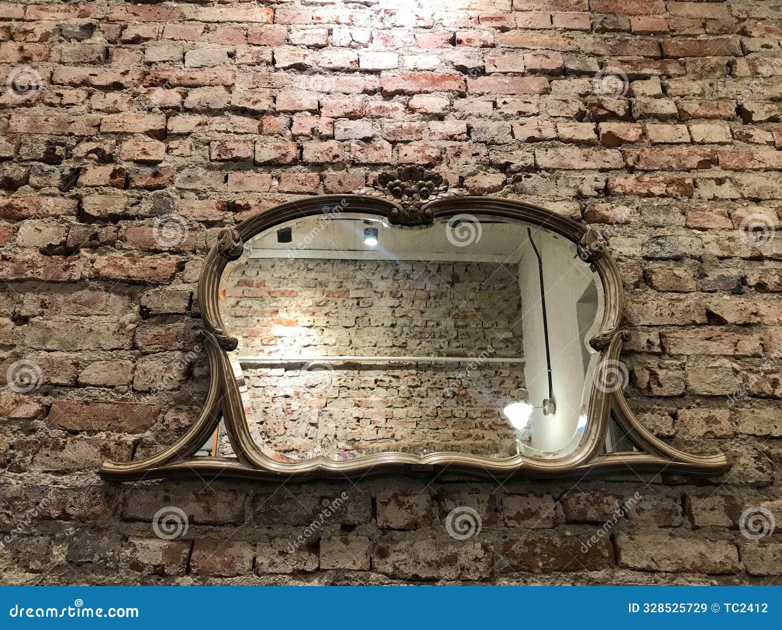 Old mirror on a brick wall stock image. Image of home - 328525729