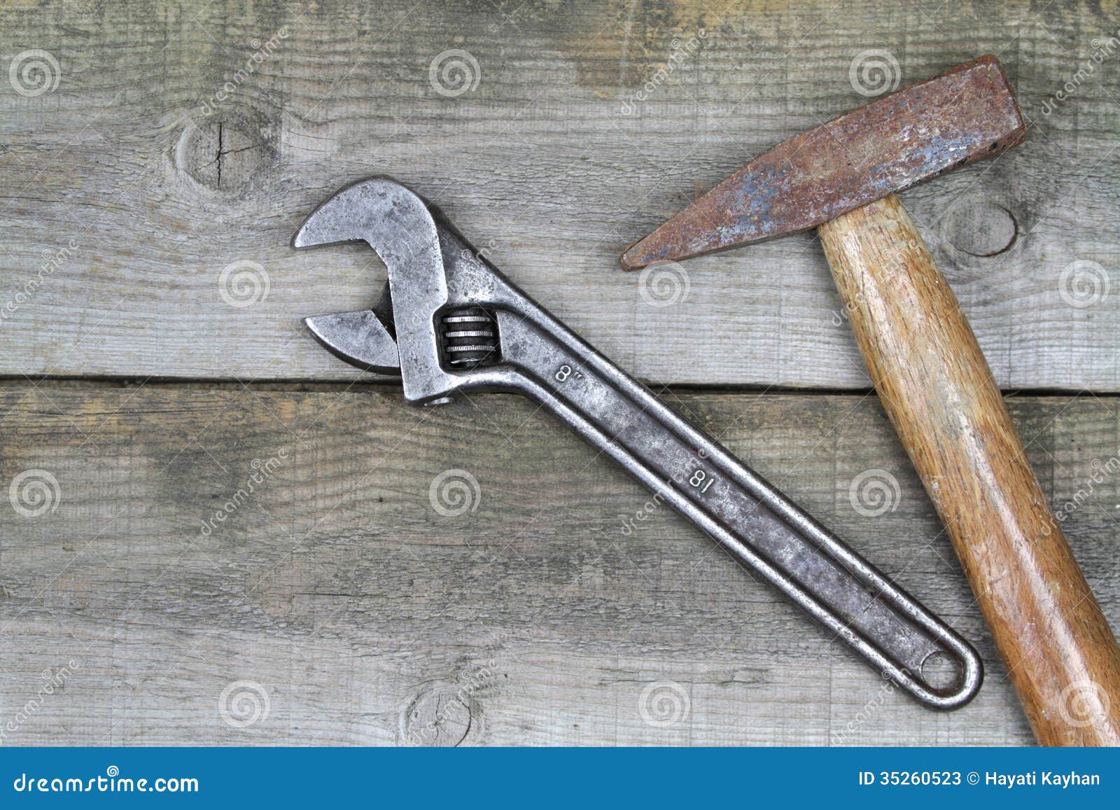 Old Monkey Wrench and Hammer Stock Image - Image of renovation ...