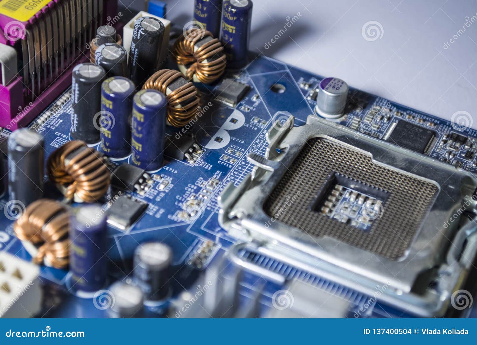 The Old Motherboard from the PC. Blue Color. Dust. Repair of the ...