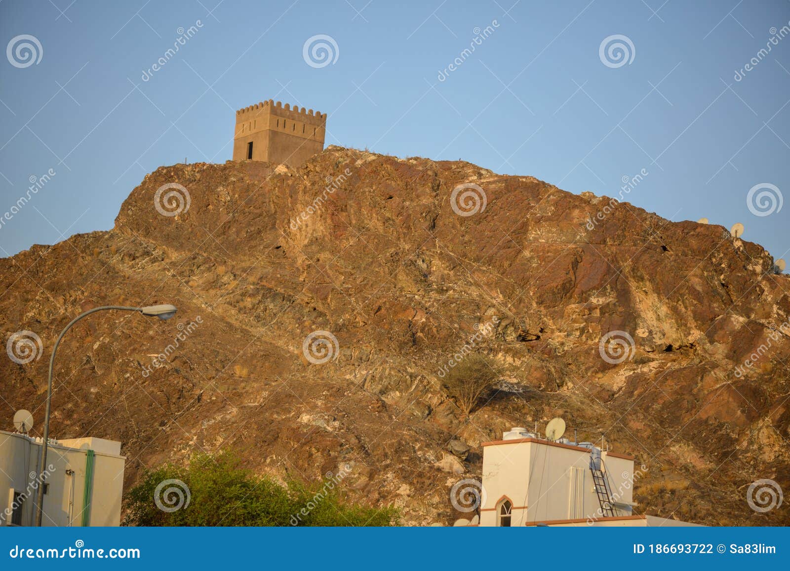 Old Muscat Mountain Tower, Oman Stock Photo - Image of round, souq ...