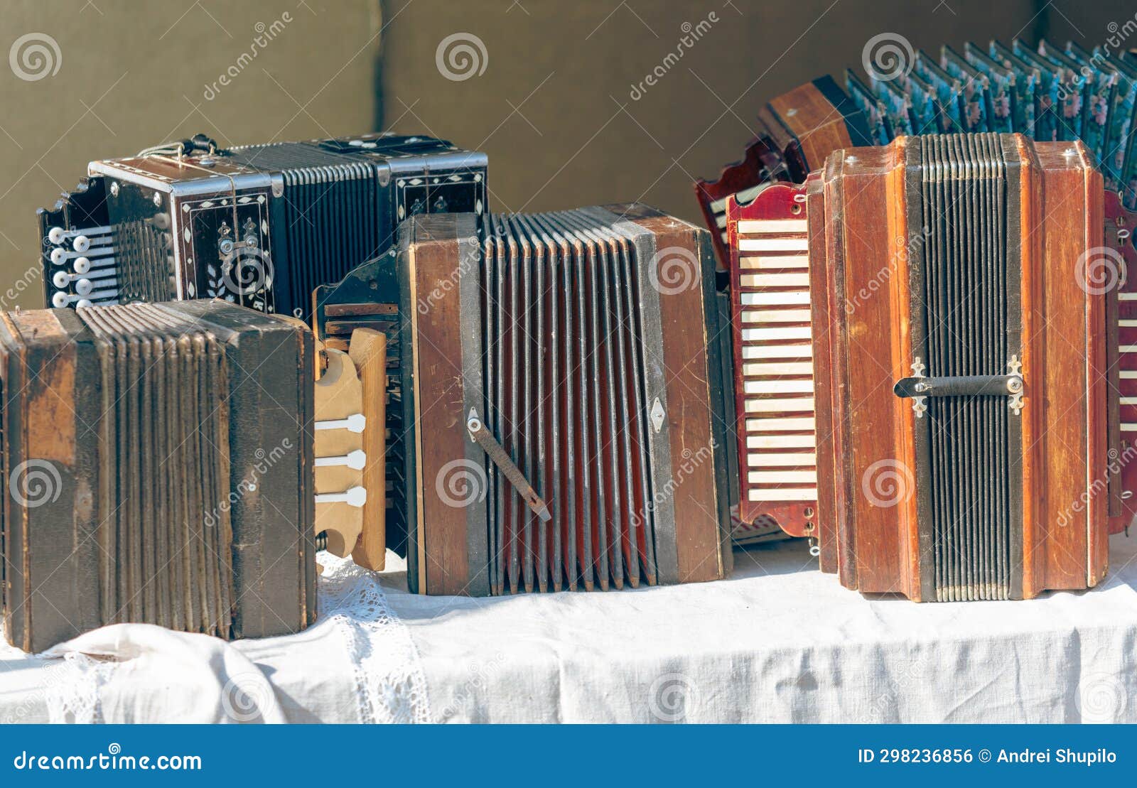 Old Musical Instruments Accordion on the Table Stock Photo - Image of ...