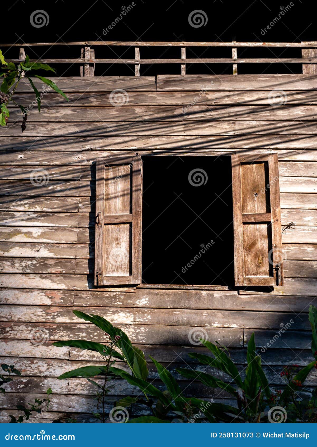 Old Native Wooden Wall with Two Open Windows Stock Image - Image of ...