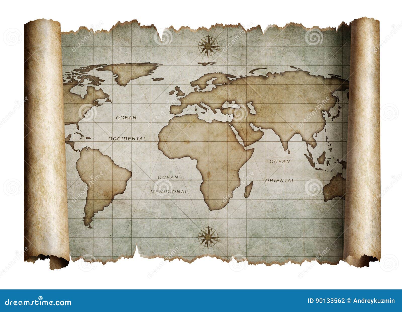 Old Nautical World Map Scroll Isolated Stock Illustration ...
