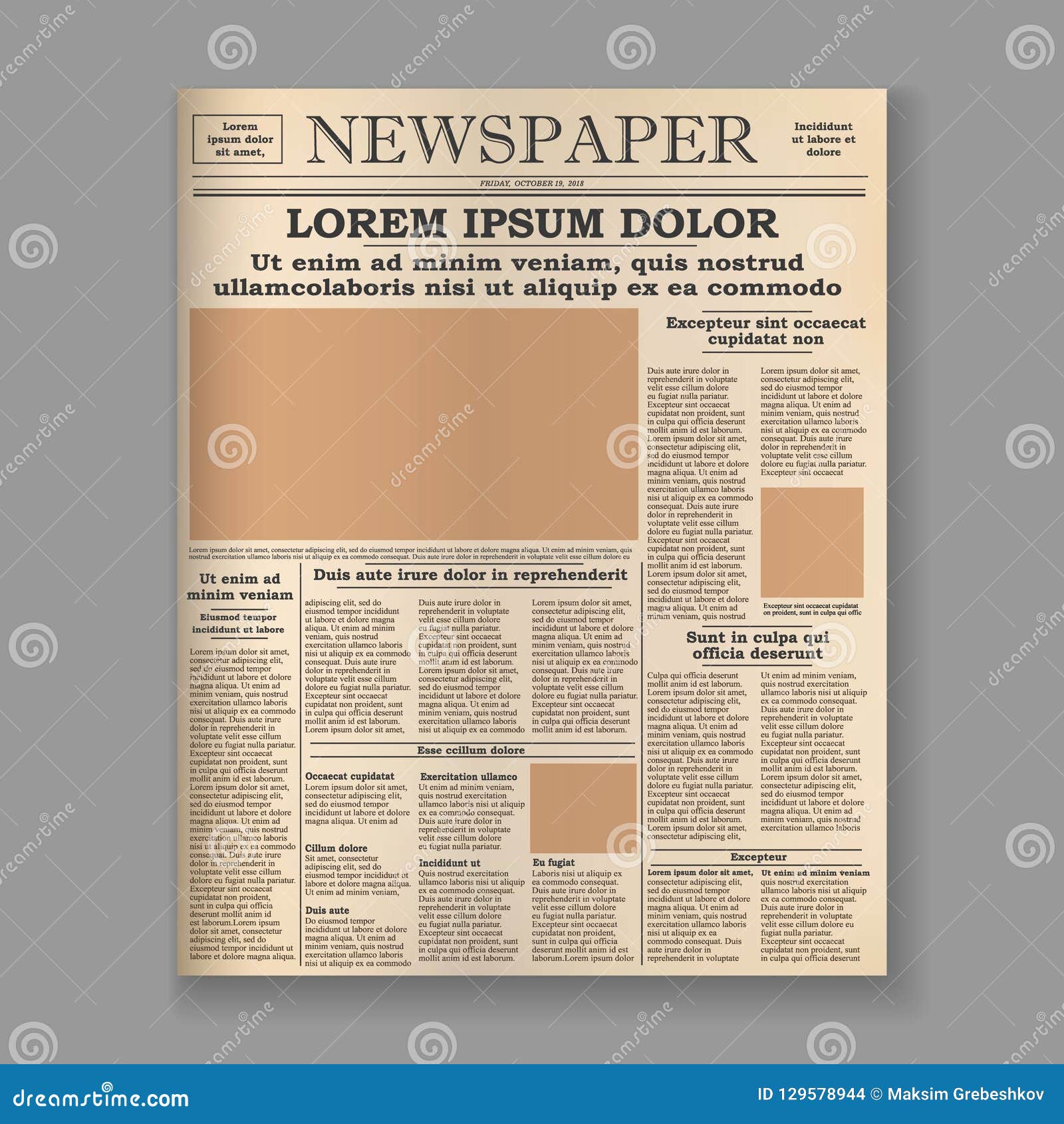 Newspaper Front Page With Several Columns And Photos. Vector Magazine ...