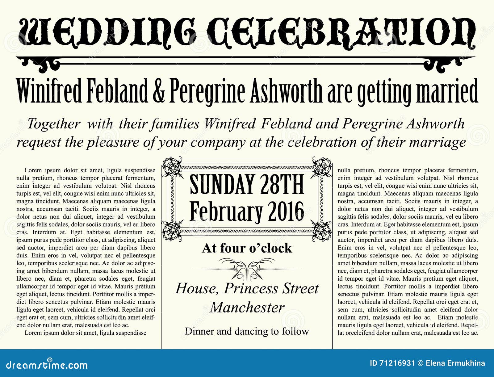 Old Newspaper Style Elegant Wedding Invitation Stock Illustration ...