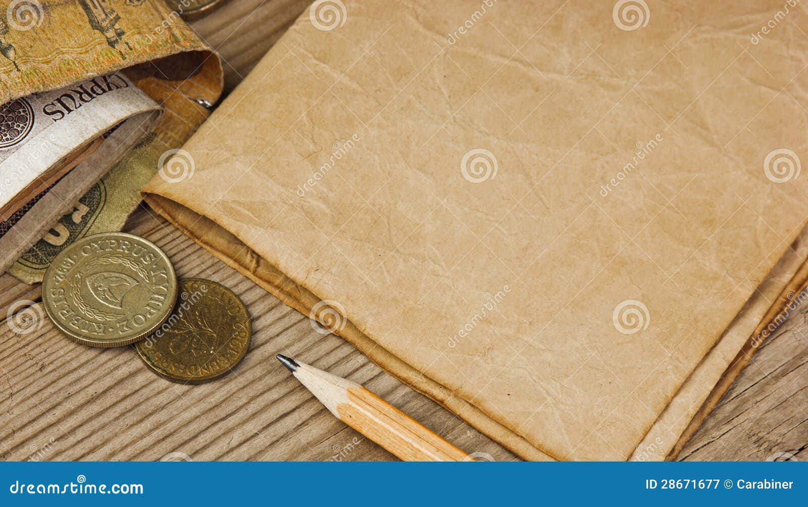 Old Notes and Coins and Pencil Stock Image - Image of group, frame ...