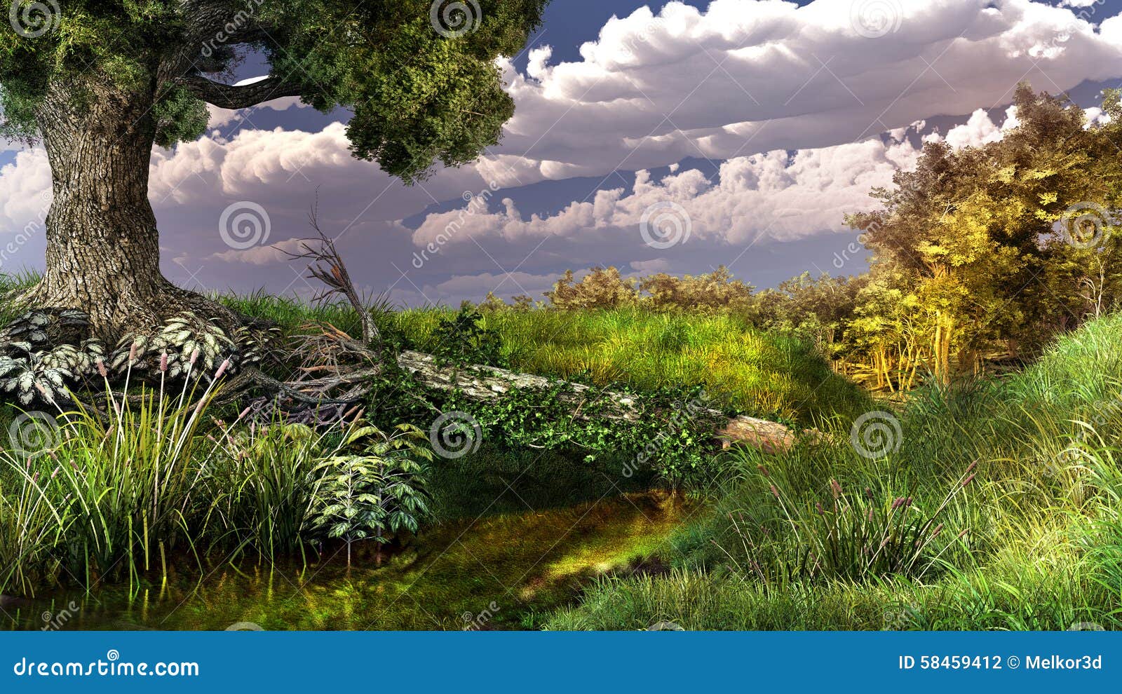 Old oak tree by the stream stock illustration. Illustration of stream ...