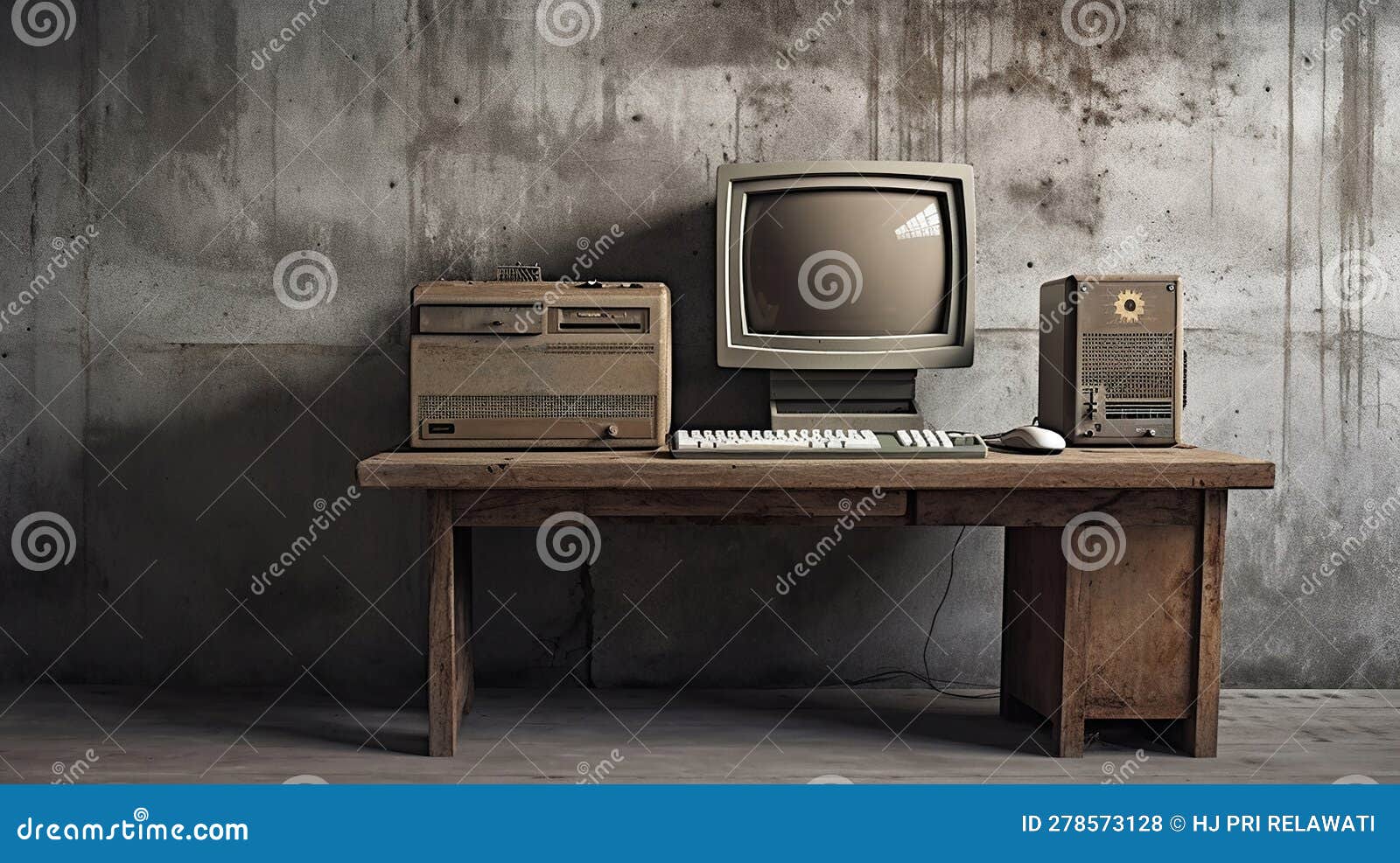 Old and Obsolete Computer on Old Wood Table with Concrete Wall ...