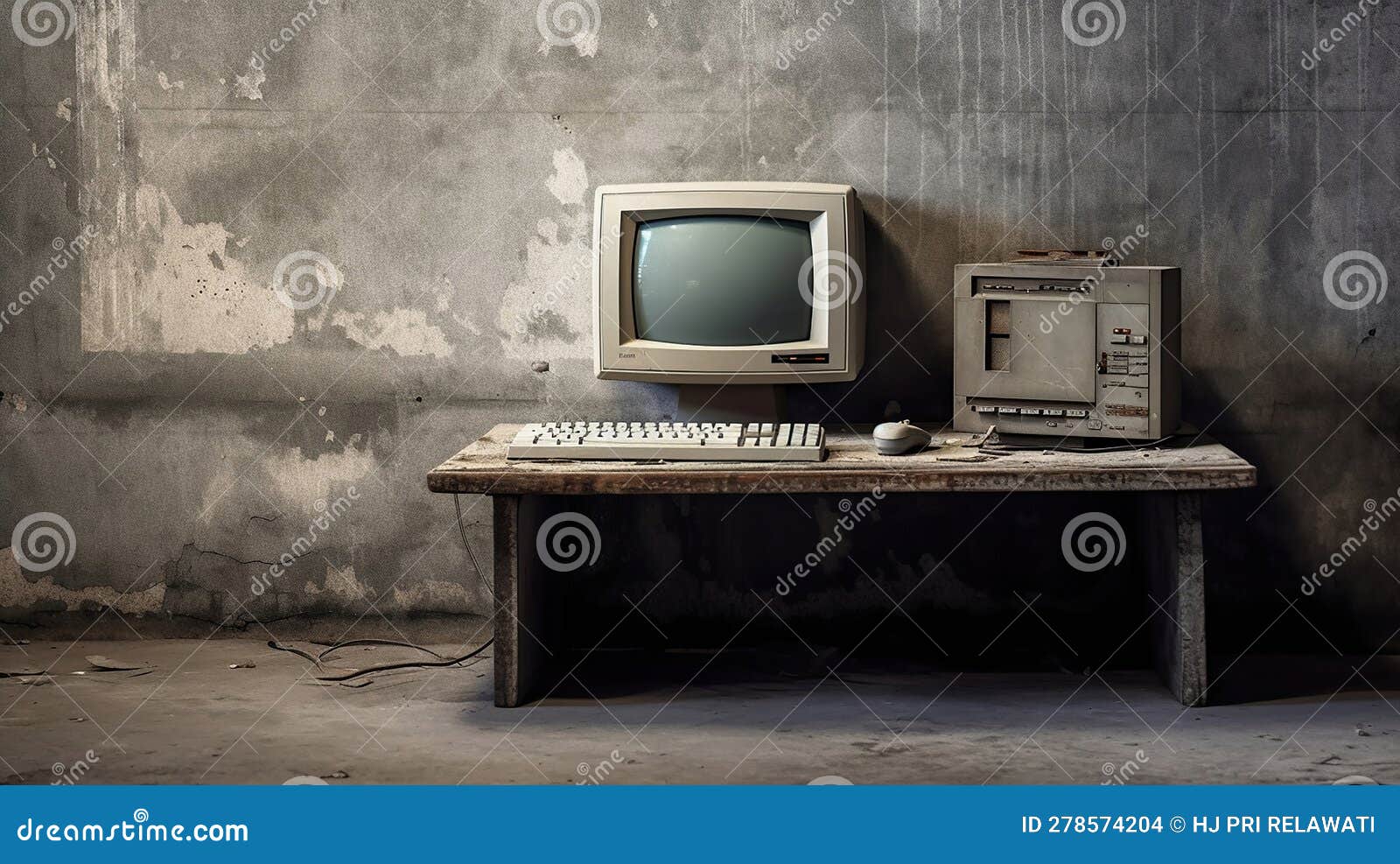 Old and Obsolete Computer on Old Wood Table with Concrete Wall ...