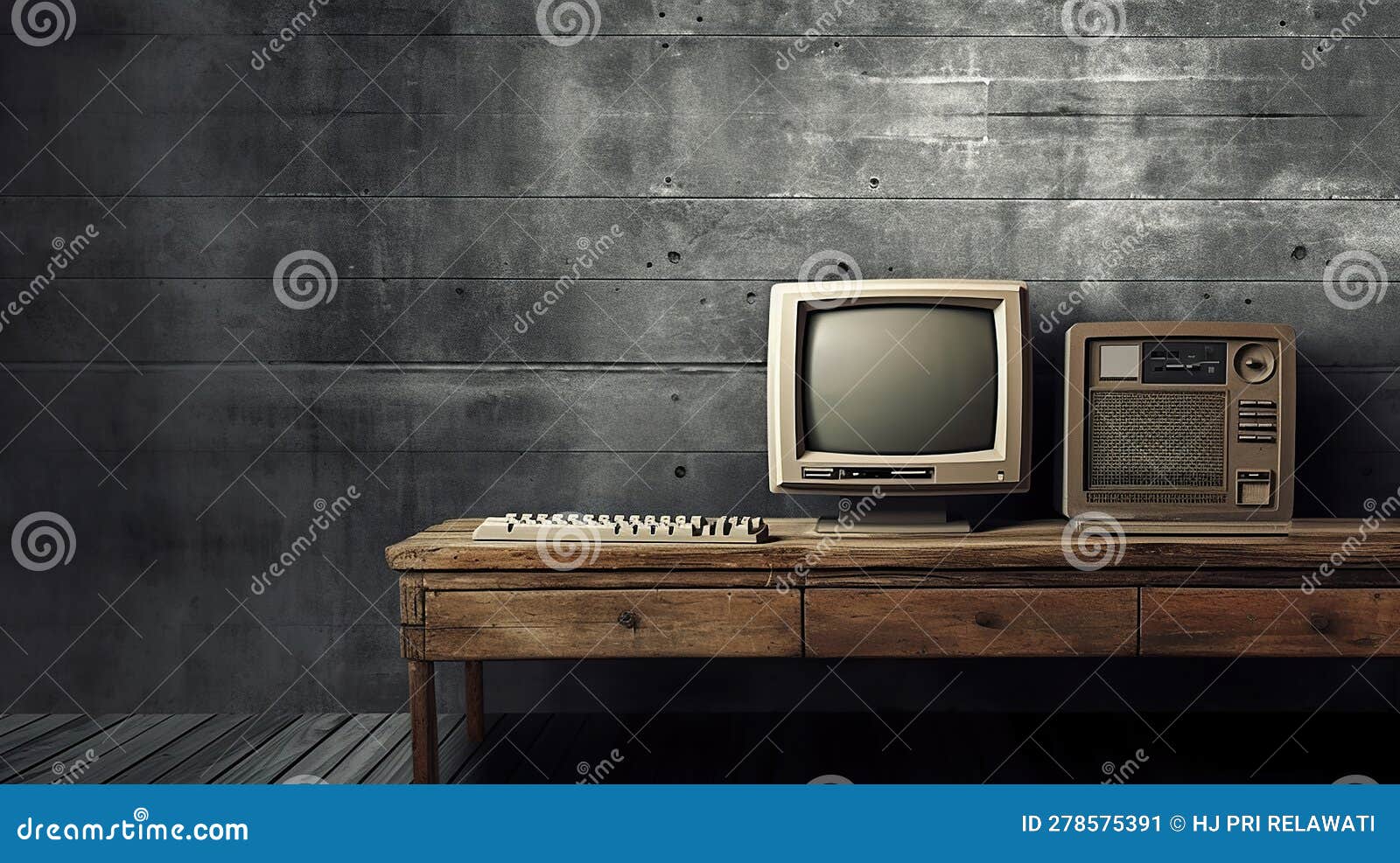 Old and Obsolete Computer on Old Wood Table with Concrete Wall ...