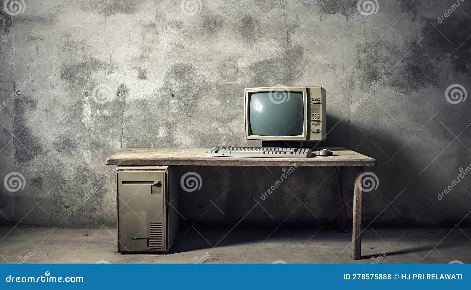 Old and Obsolete Computer on Old Wood Table with Concrete Wall ...