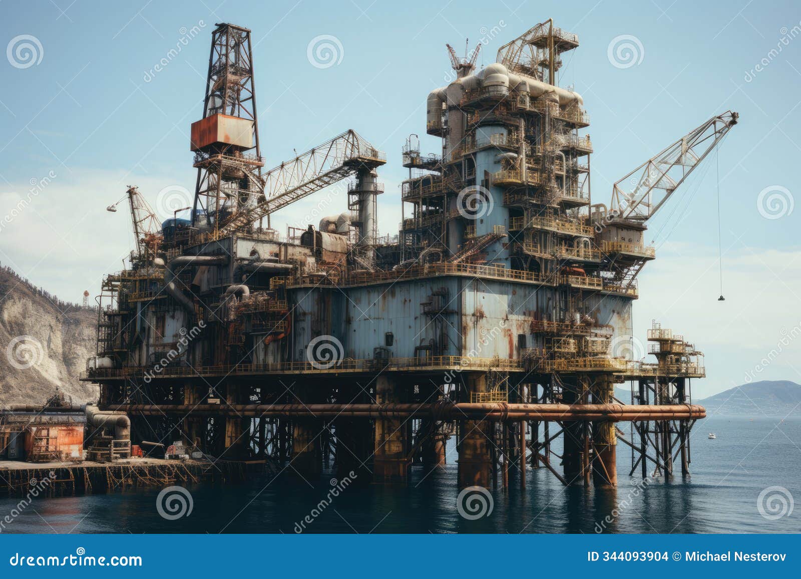 Old Oil Station, Well on the Sea Stock Illustration - Illustration of ...