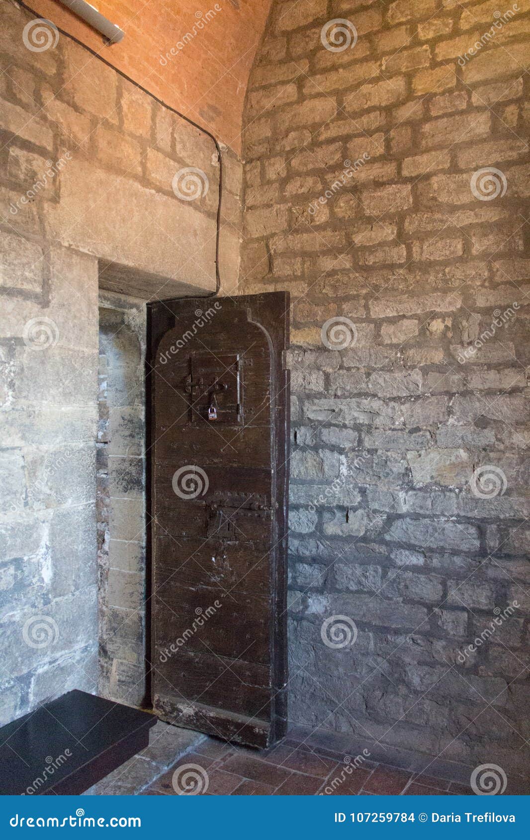 An Old Open Door and a Brick Wall in a Dungeon or in a Castle. Stock ...