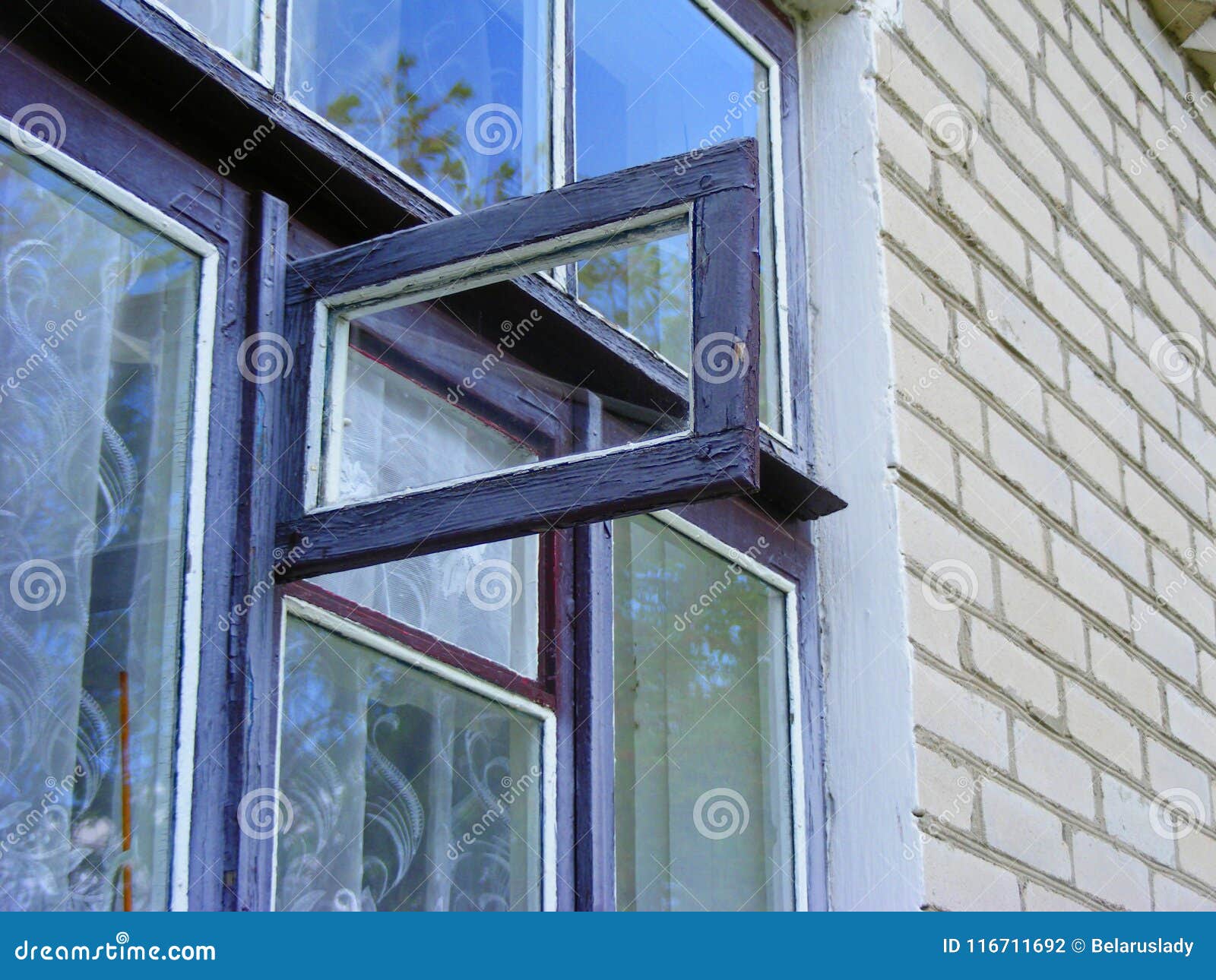 Old Open Window Pane, Old Wooden Brown Window Stock Photo - Image of ...