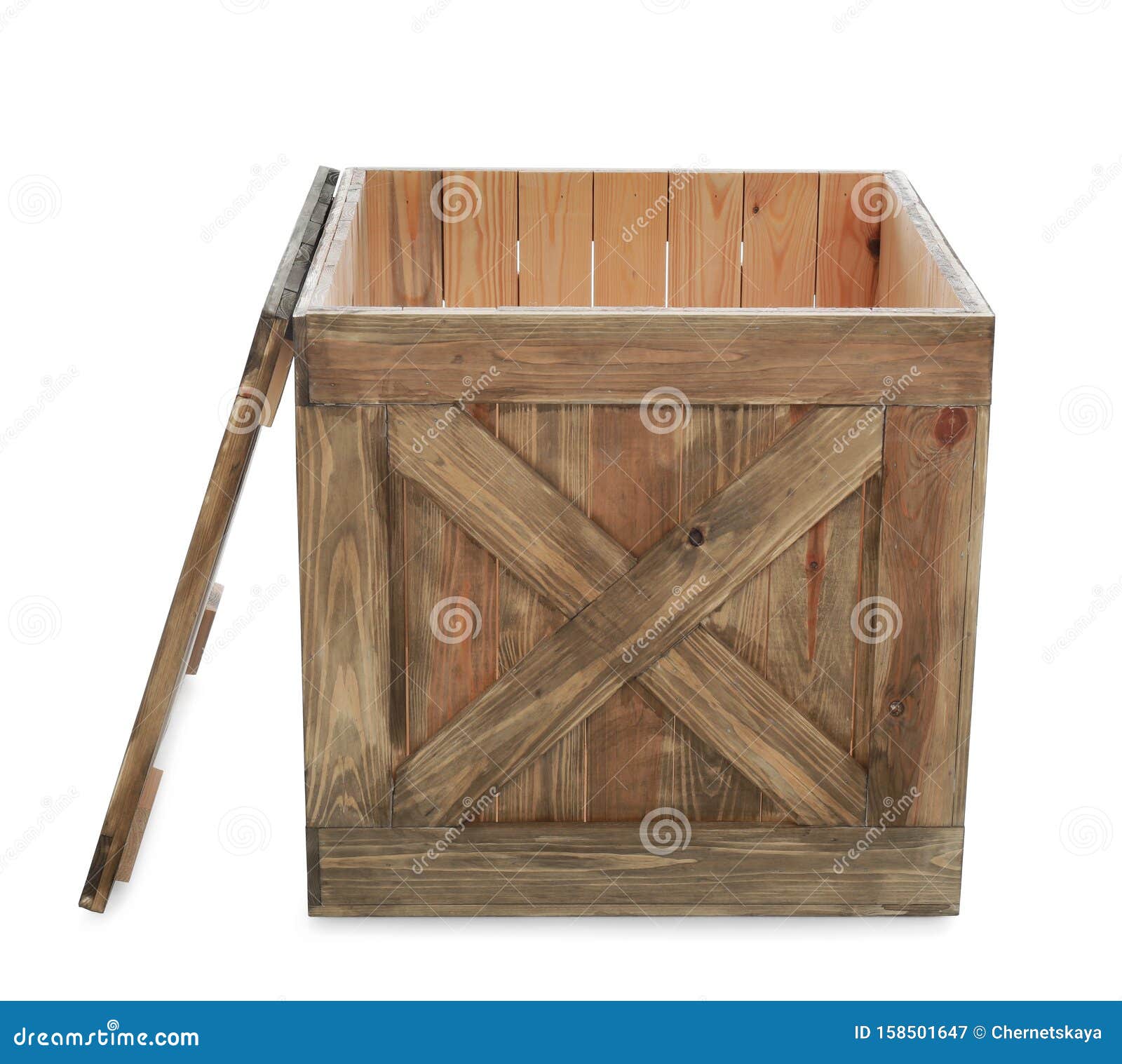 Old Open Wooden Crate with Lid on White Stock Image - Image of case ...