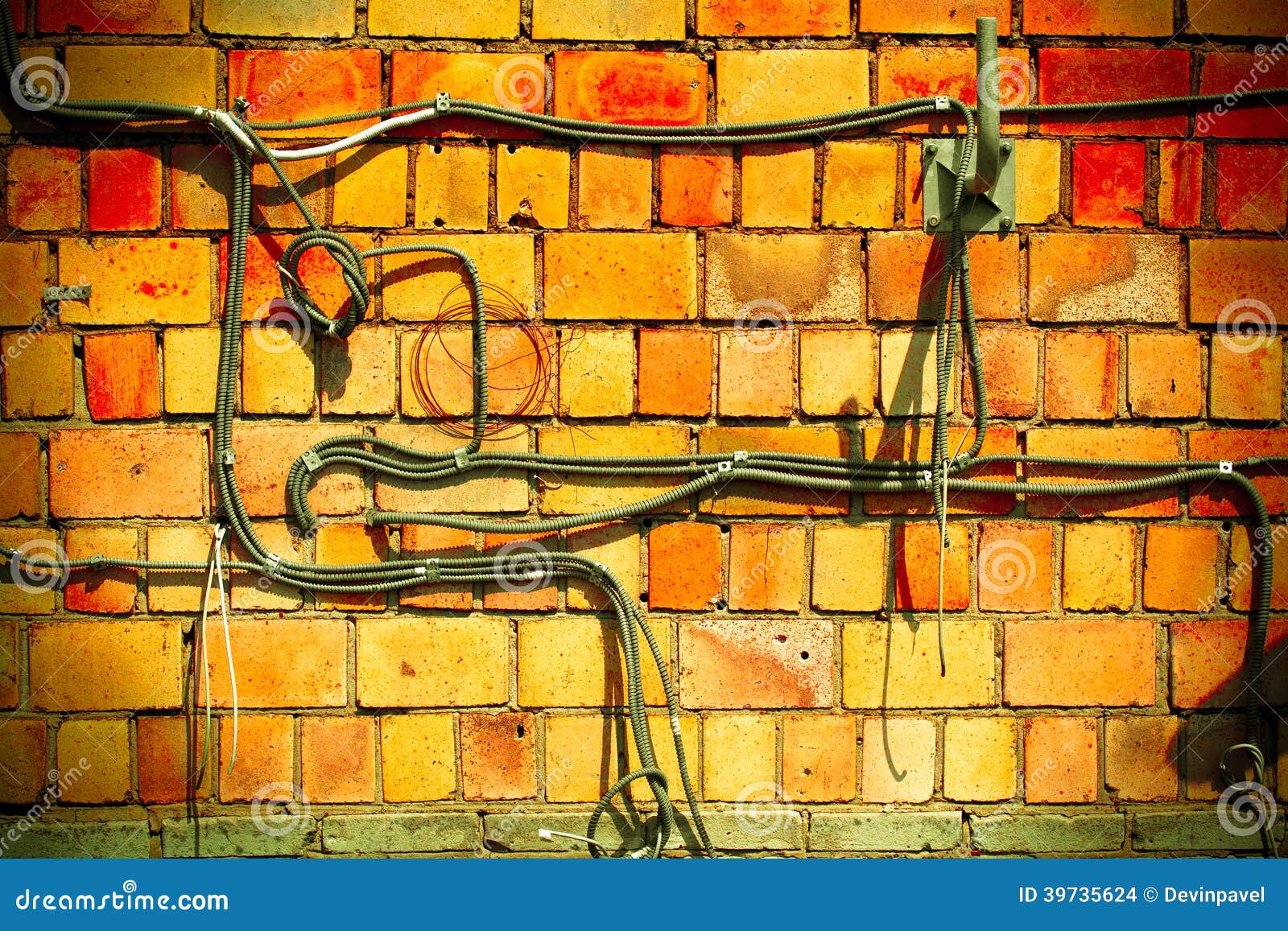 Old Orange Brick Wall. Communication Cables Stock Photo - Image of ...