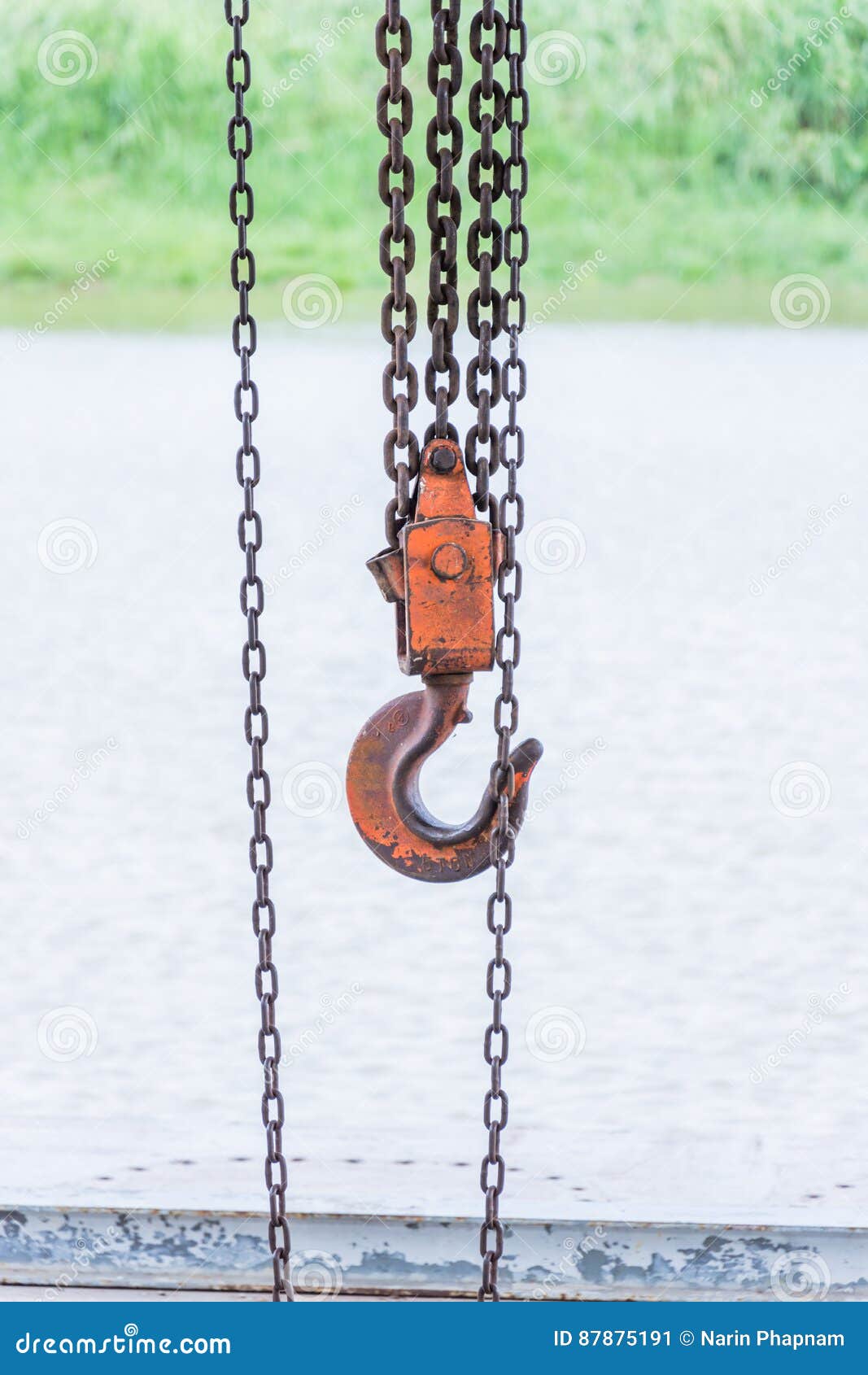Orange Hook With Sling Belt And Chain Block Or Chain Hoist, With A ...