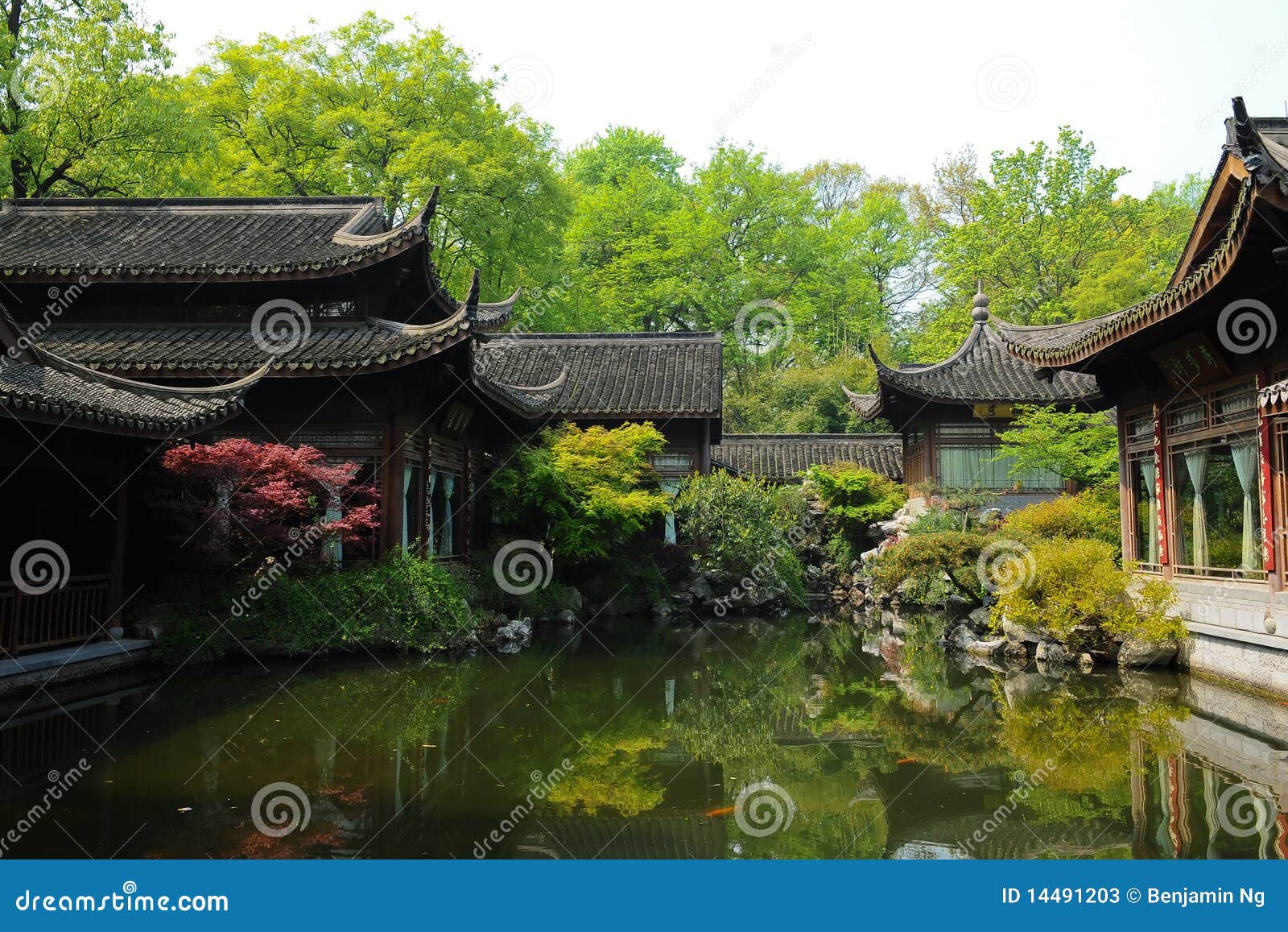 Old Oriental Structures with Garden and Fish Pond Stock Image - Image ...