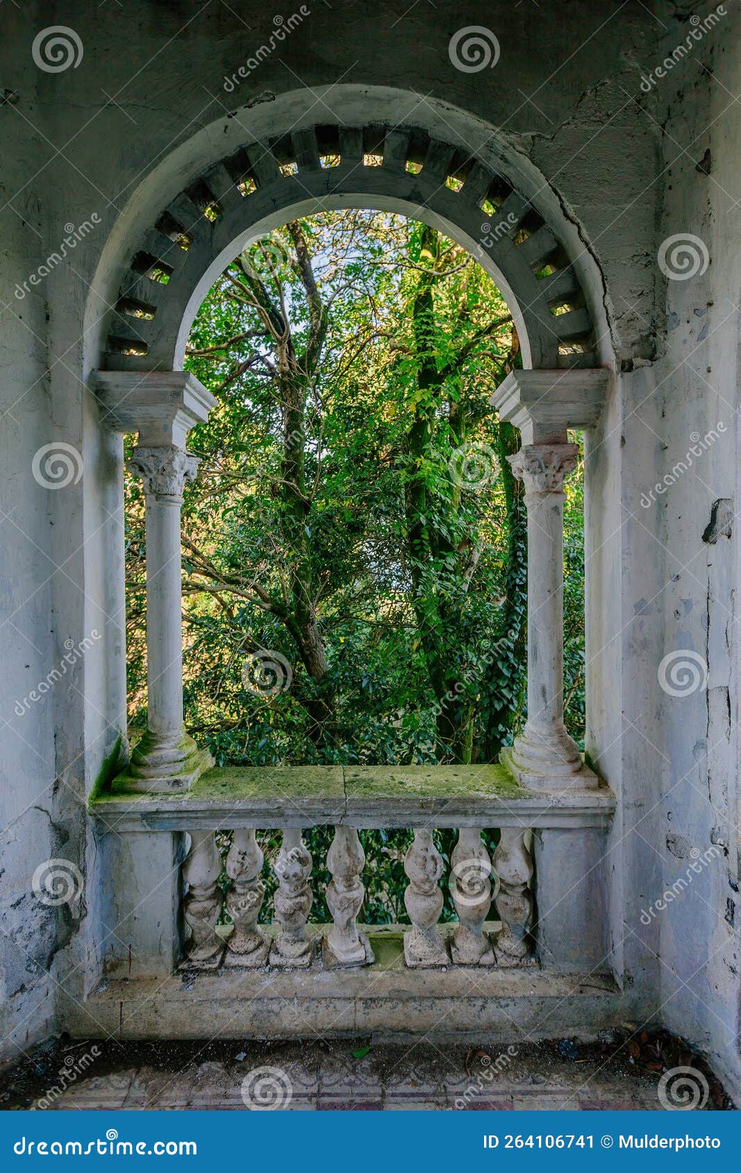 Old Overgrown Arched Balcony in Old Abandoned Mansion Stock Image ...