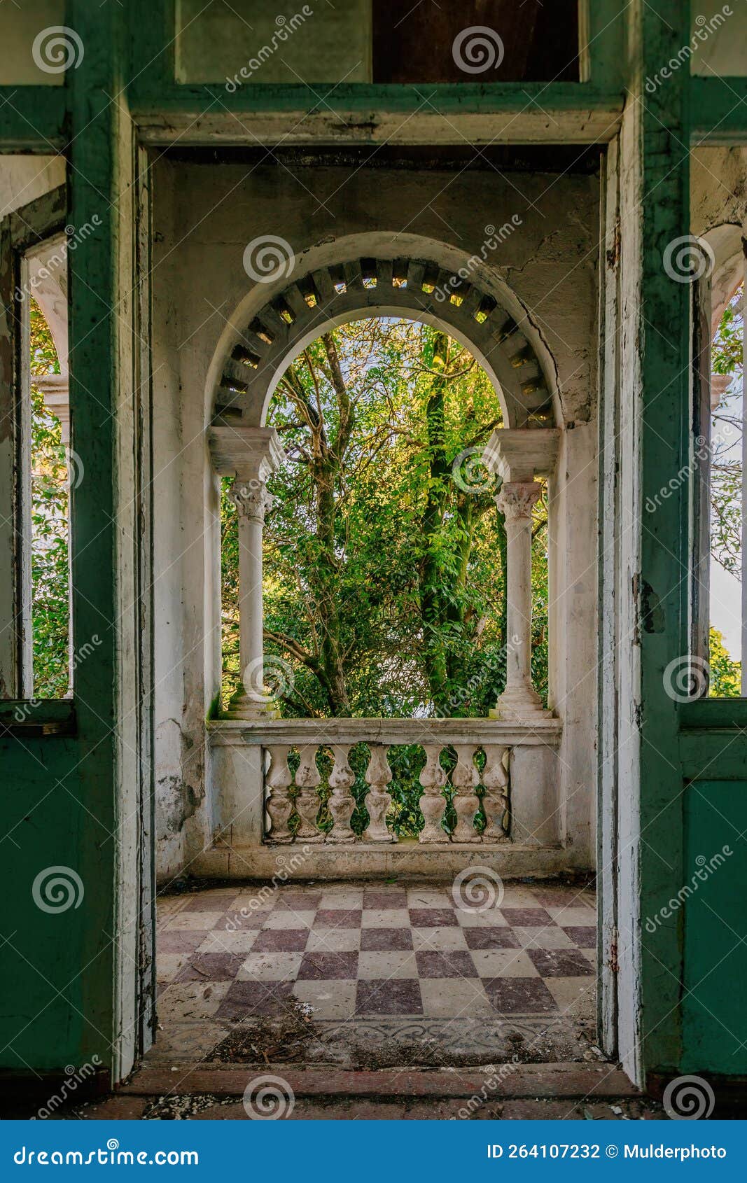 Old Overgrown Arched Balcony in Old Abandoned Mansion Stock Photo ...