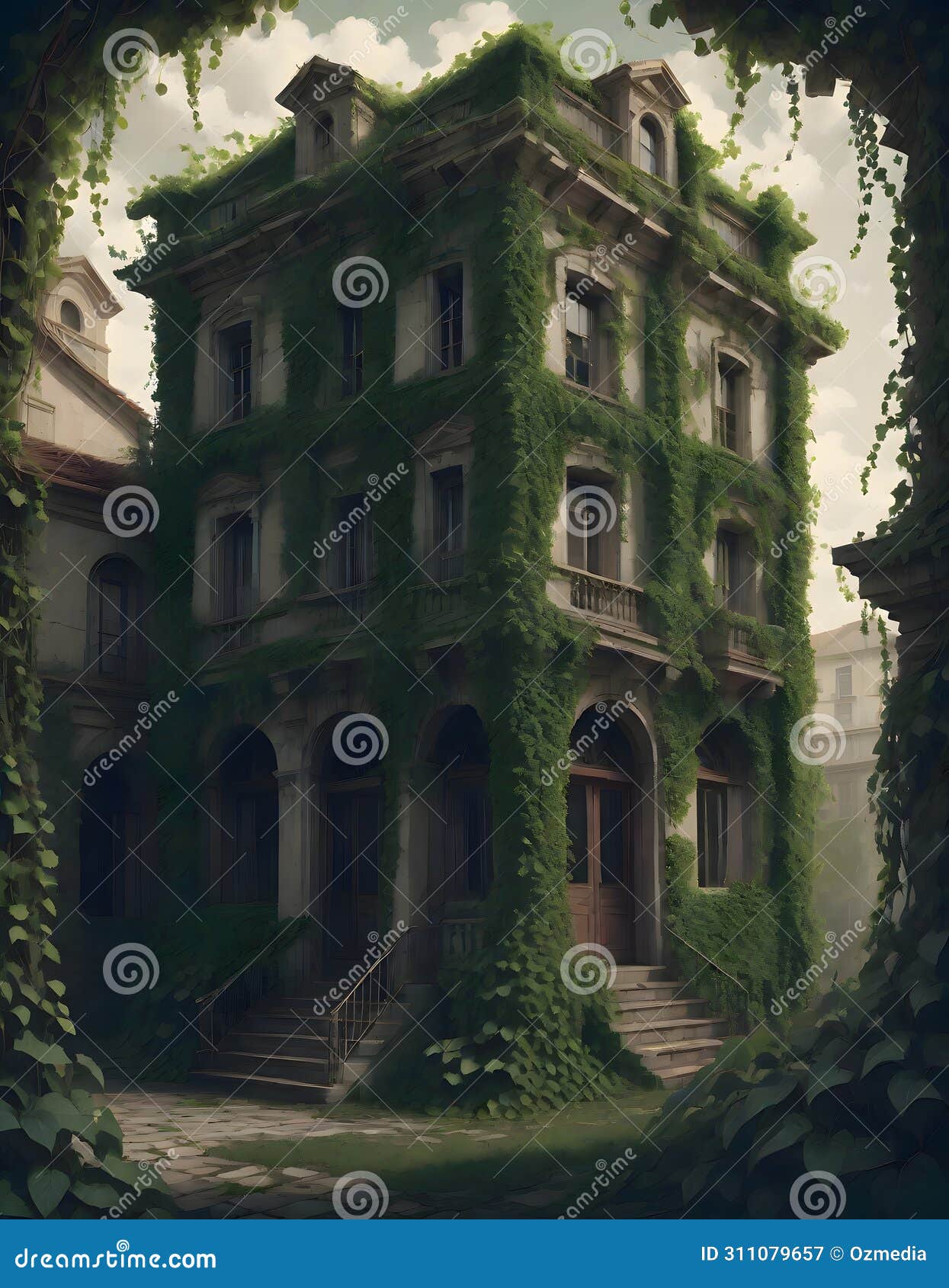 Old, Overgrown Building with Multiple Windows and Balconies, Generative ...