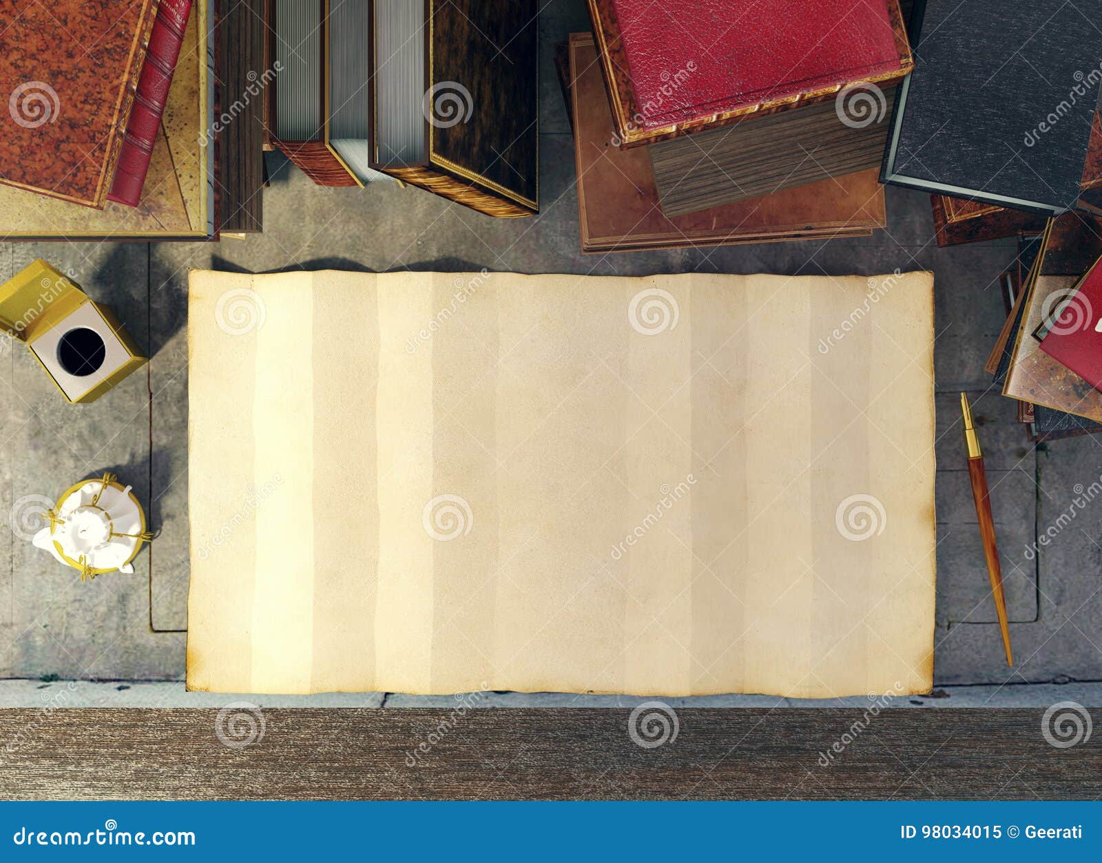 Old Paper and Ancient Books on Study Table in Medieval Scene Stock ...