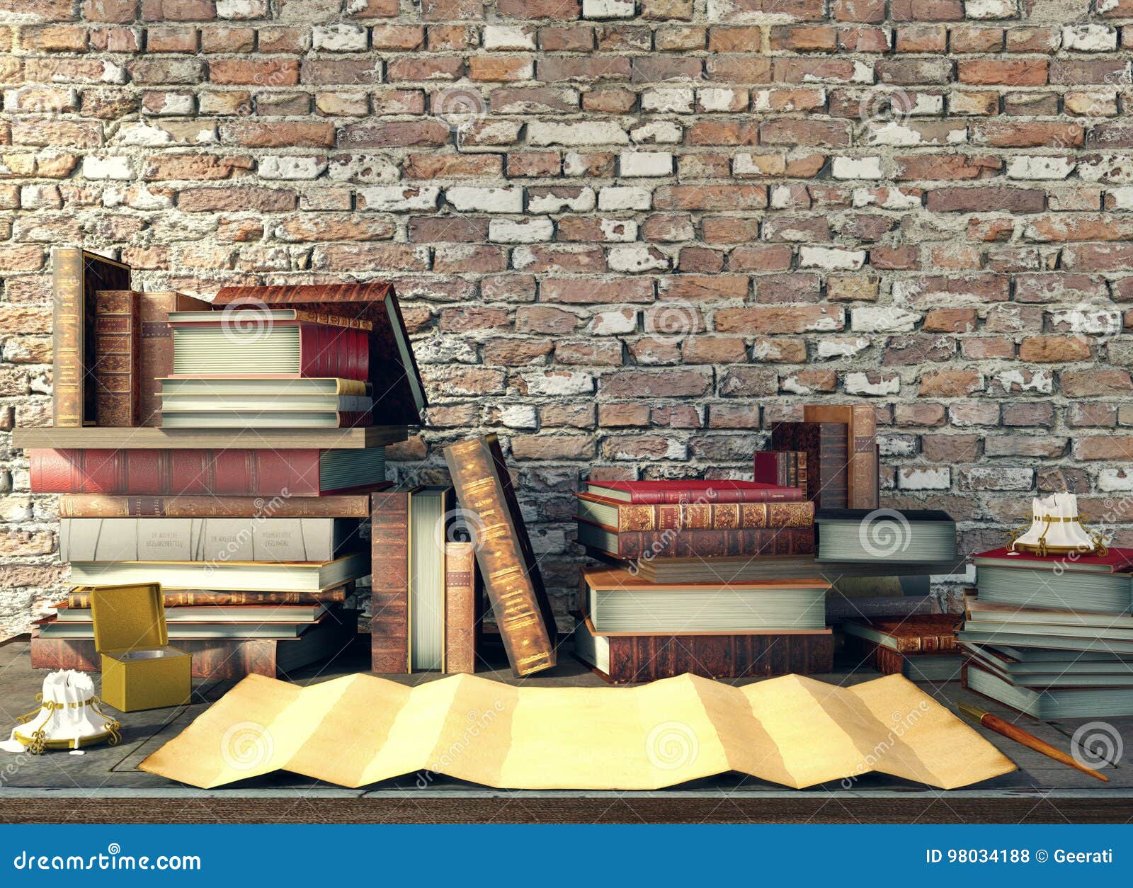Old Paper and Ancient Books on Study Table in Medieval Scene Stock ...