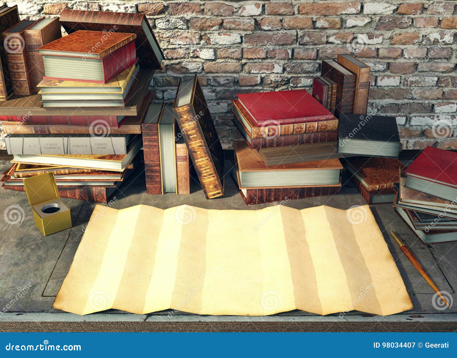 Old Paper and Ancient Books on Study Table in Medieval Scene Stock ...