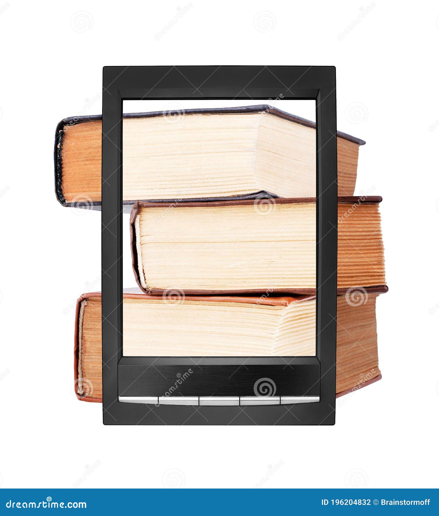Old Paper Books Stack on Electronic Book Display White Background ...