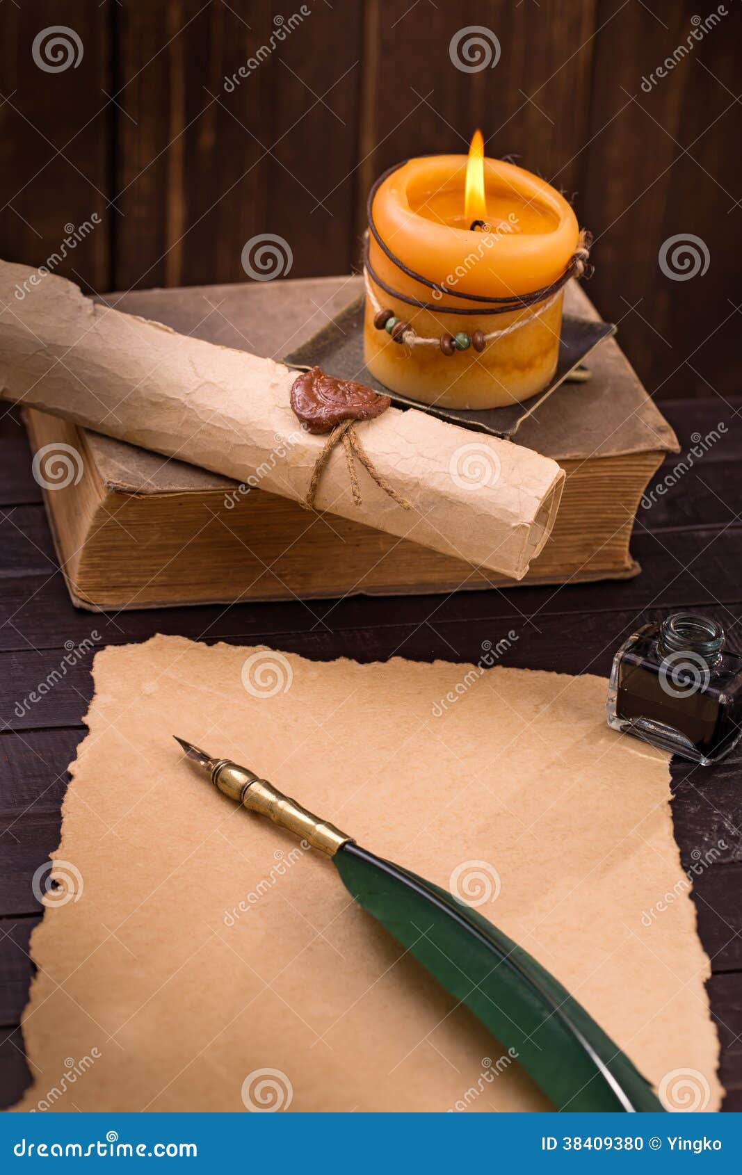Old Paper Candle and Quill Pen Stock Photo - Image of desk, fire: 38409380