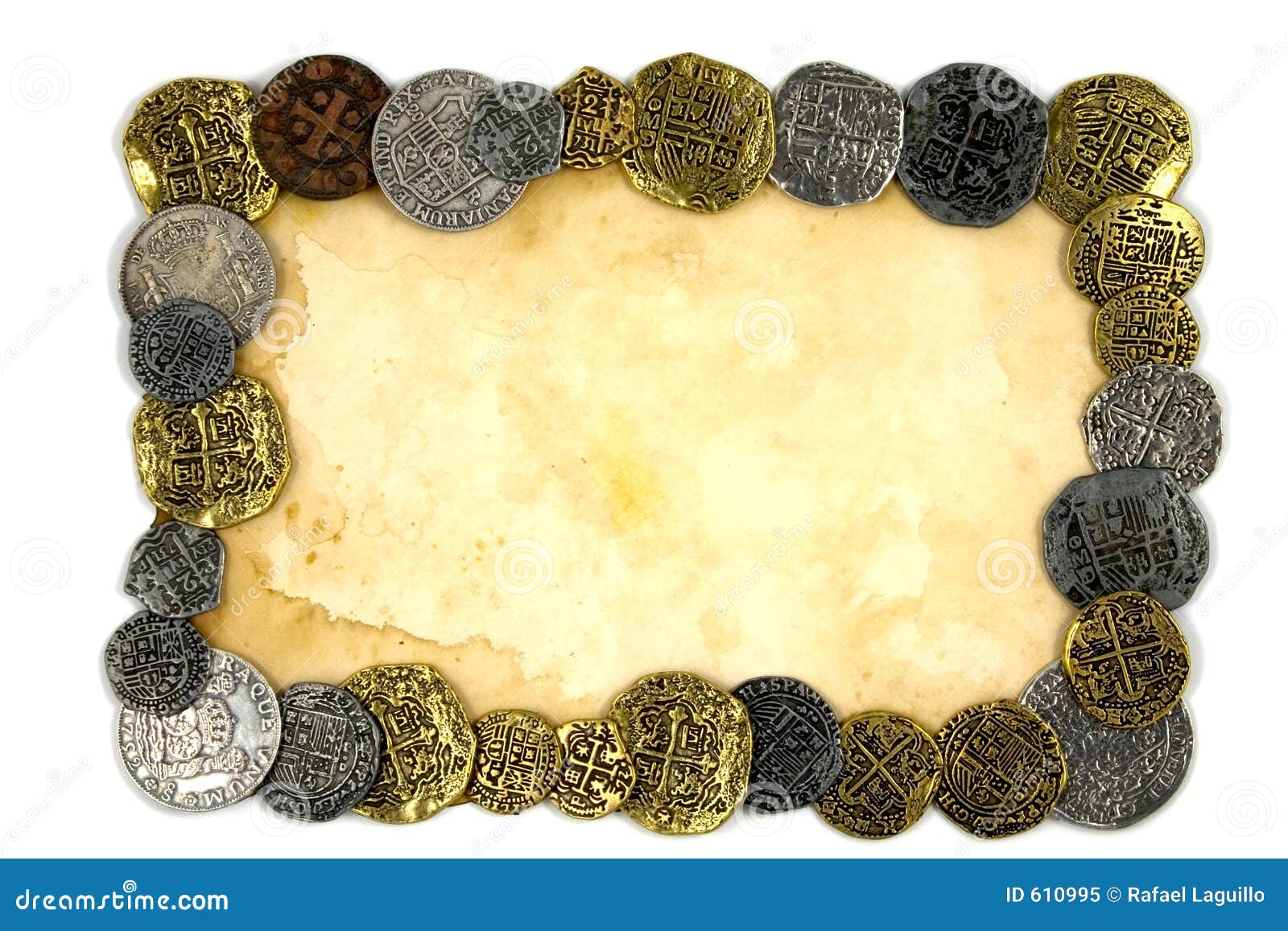 Old paper and coins stock image. Image of frame, dyed, pattern - 610995