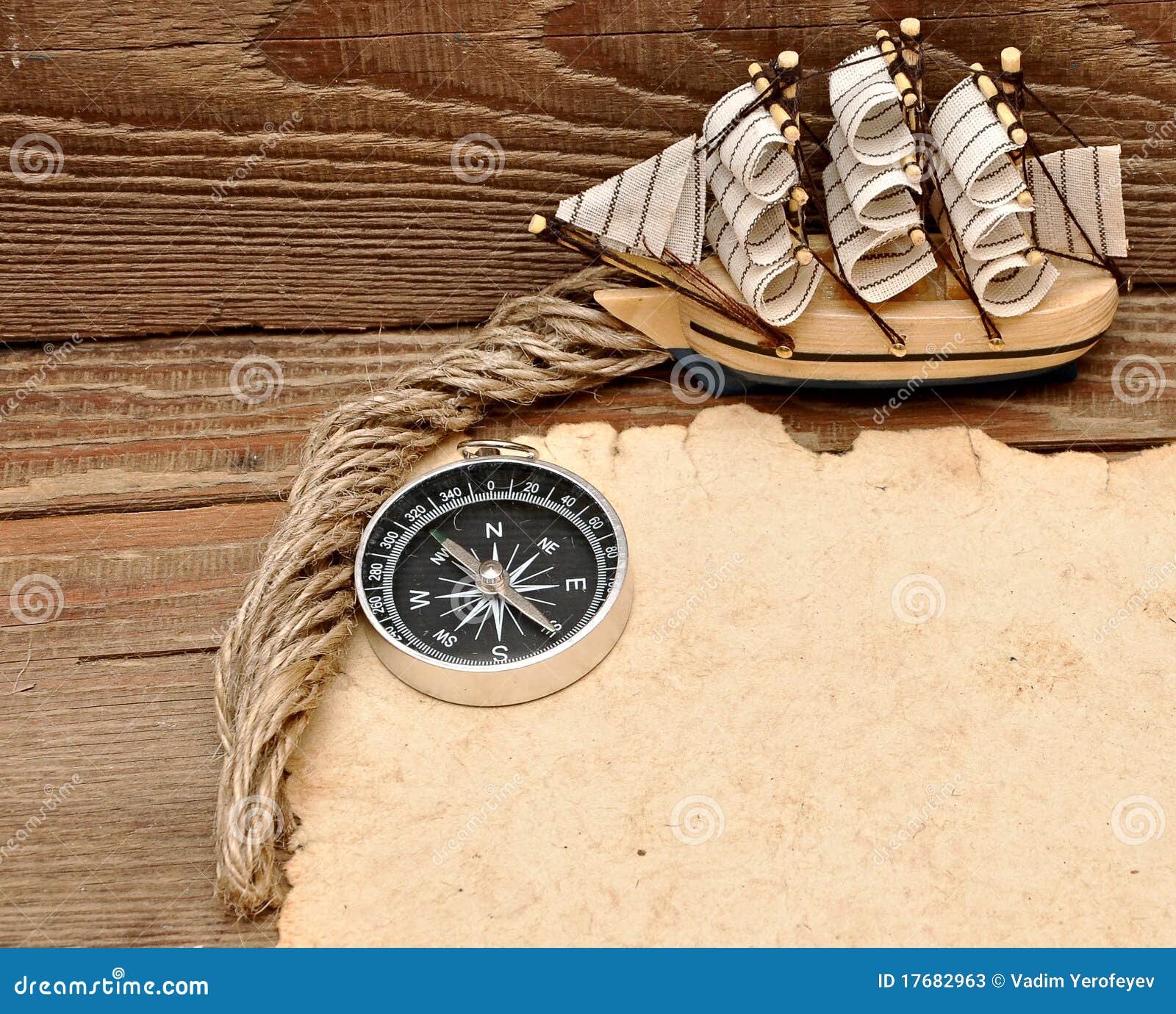 Old Paper, Compass, Rope And Model Classic Boat Stock Photography ...