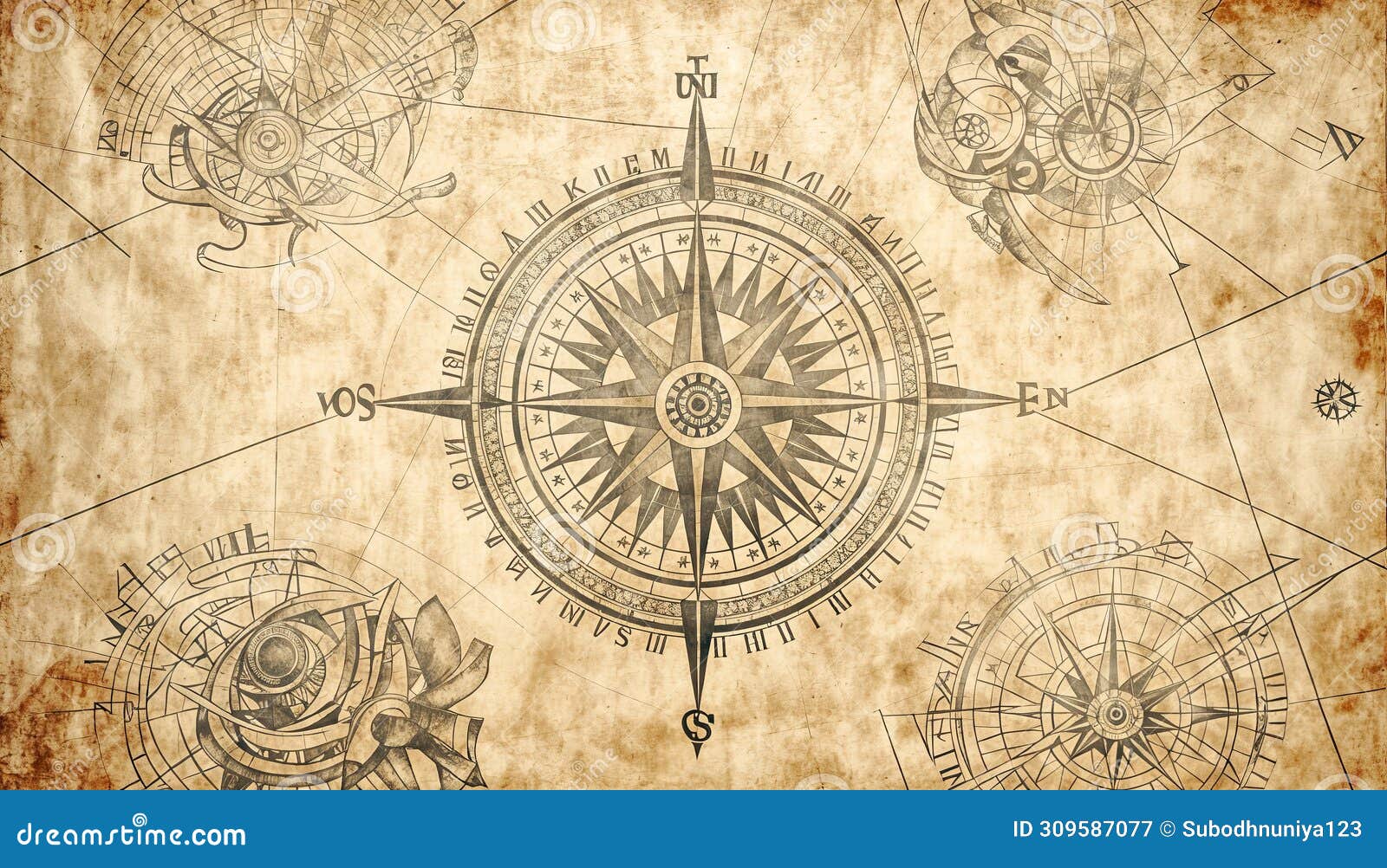 An Old Paper with a Compass Rose on it Surrounded by Other Navigational ...