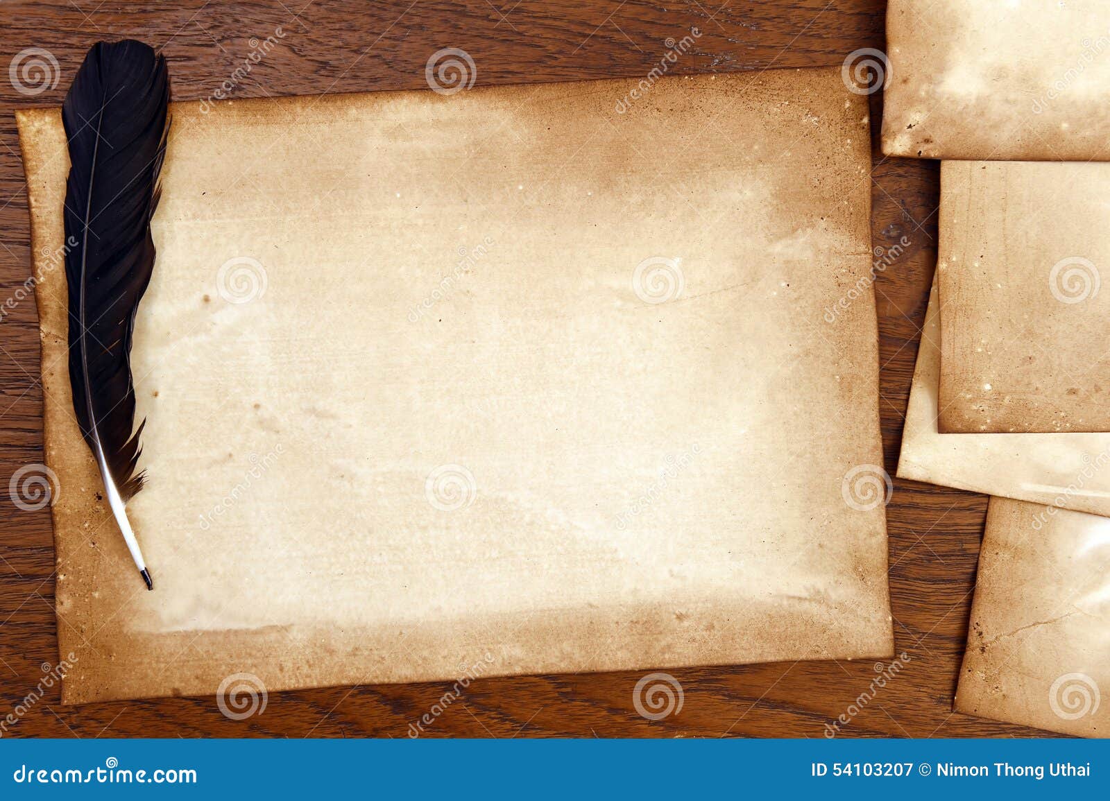 Old Paper with Feather on Brown Wood Texture Stock Image - Image of ...