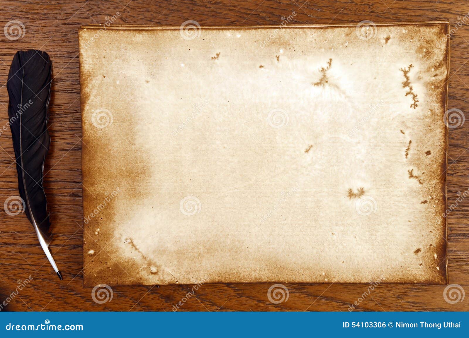 Old Paper with Feather on Brown Wood Texture Stock Photo - Image of ...