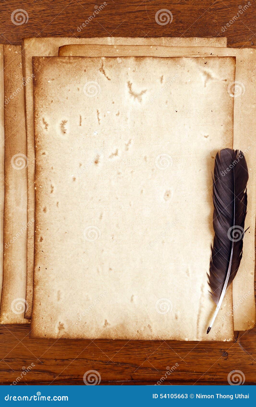 Old Paper with Feather on Brown Wood Texture Stock Image - Image of ...
