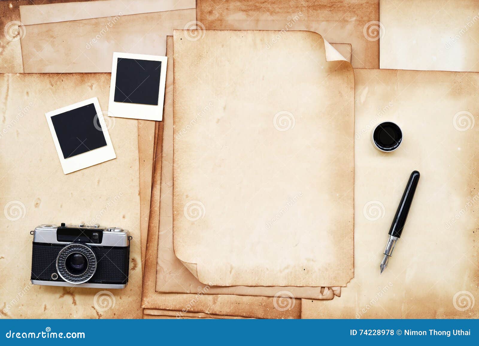 Old Paper and Pen, Camera with Frame and Ink Stock Photo - Image of ...