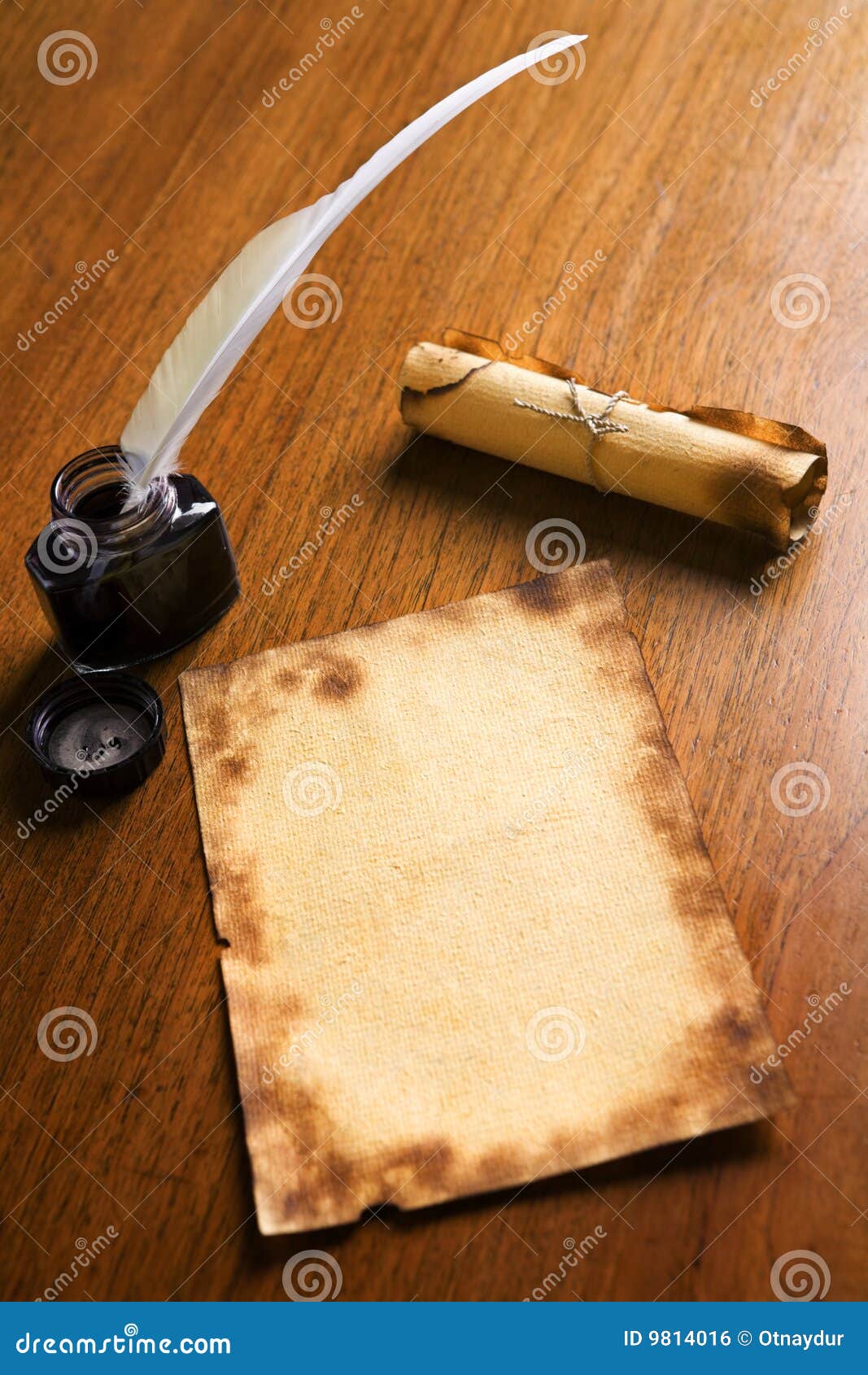 Old Paper, Quill Pen and Scroll on Wooden Table Stock Photo - Image of ...