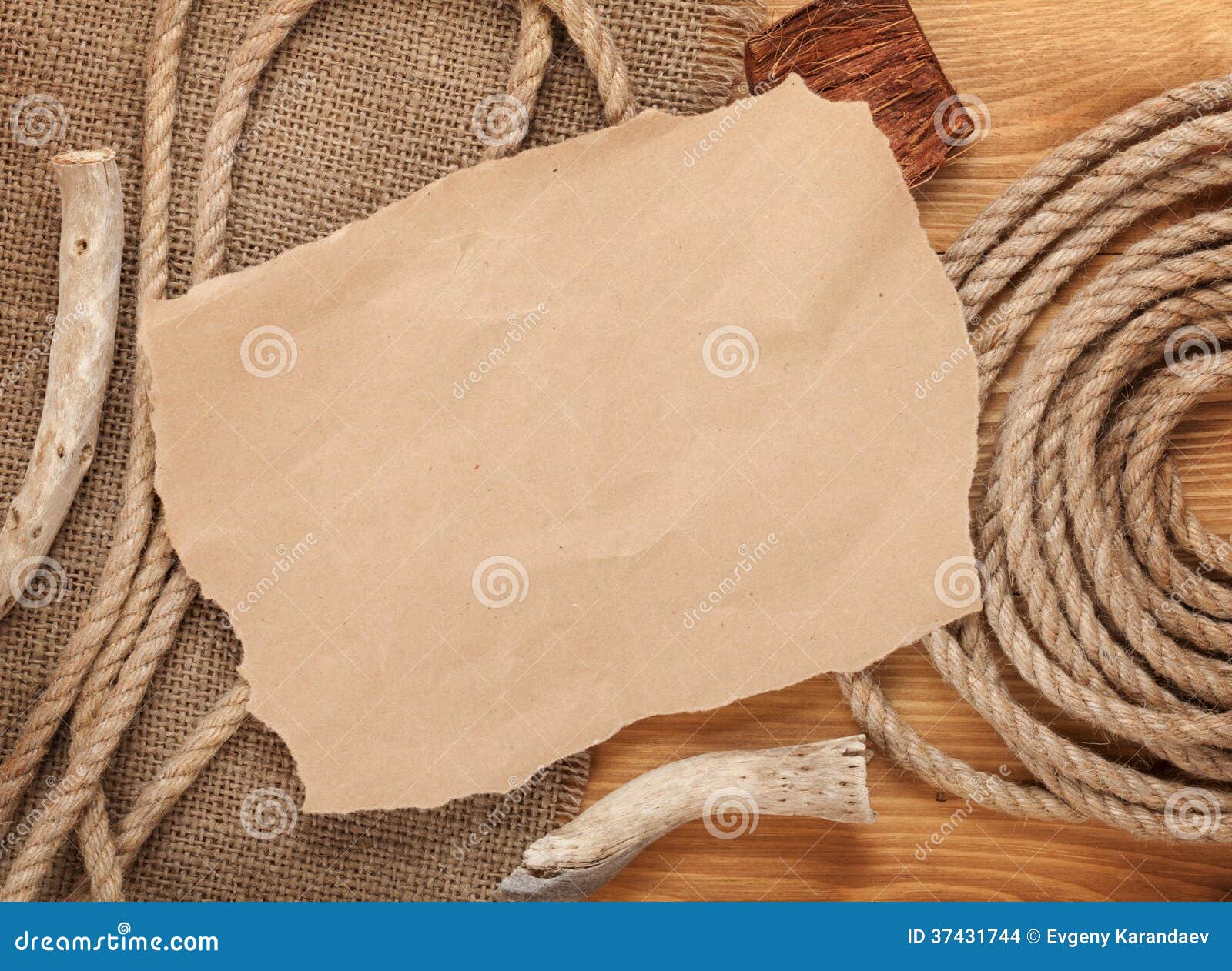 Old Paper and Rope on Wooden Textured Background Stock Photo - Image of ...
