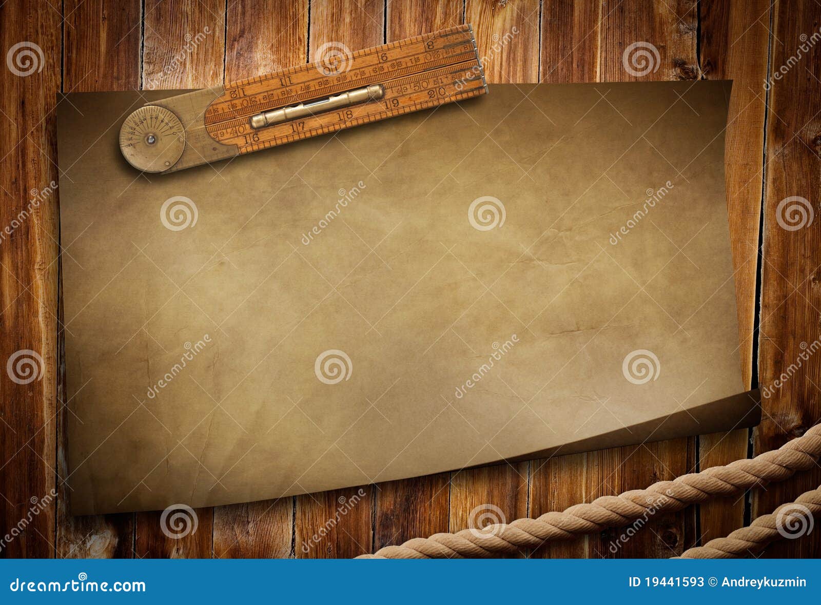Old Paper Ruler and Rope on Wooden Table Stock Image - Image of canvas ...