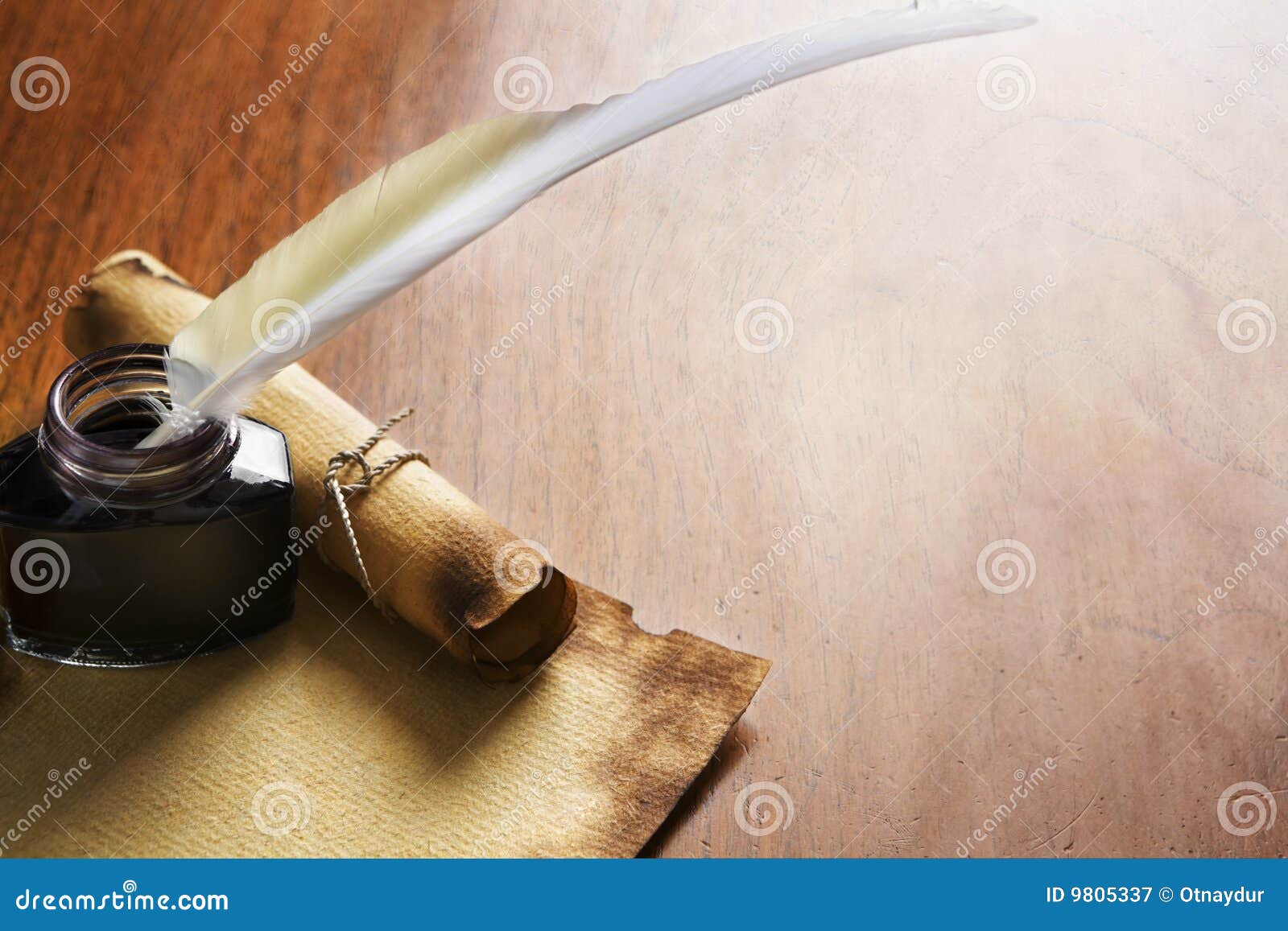 Old Paper, Scroll and Quill Pen on Wooden Paper Stock Image - Image of ...
