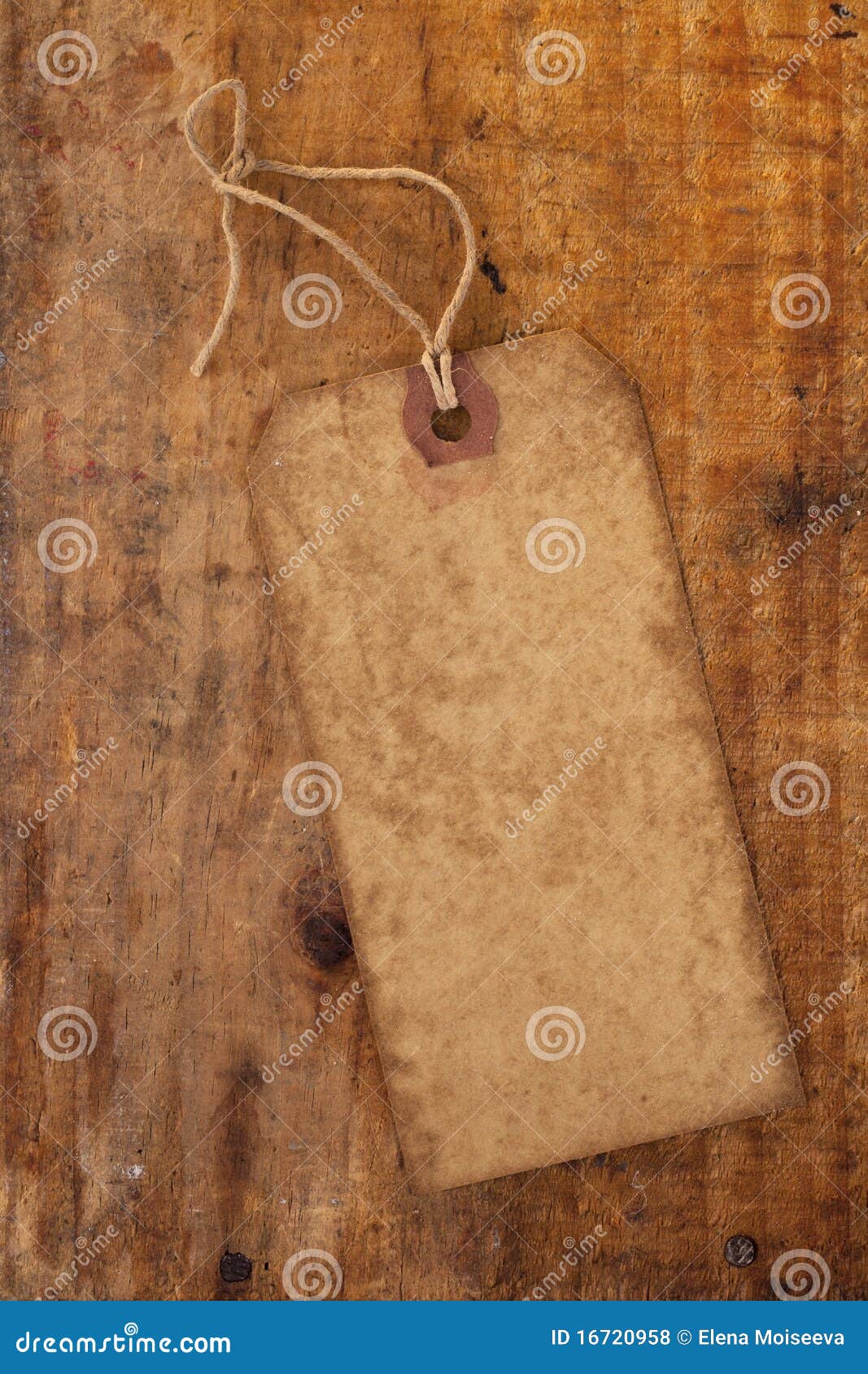 Old Paper Tag with String on Grunge Wooden Table Stock Photo - Image of ...
