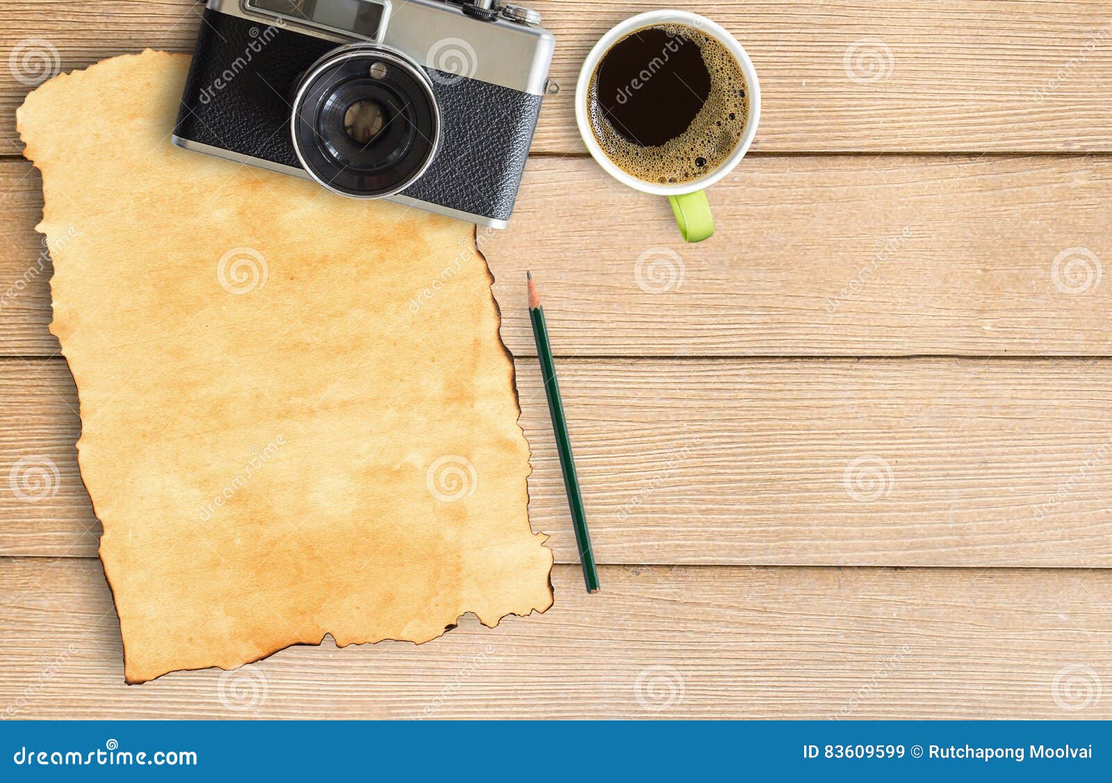 Old Paper and Vintage Camera with Coffee Cup on Wood Table. Stock Image ...