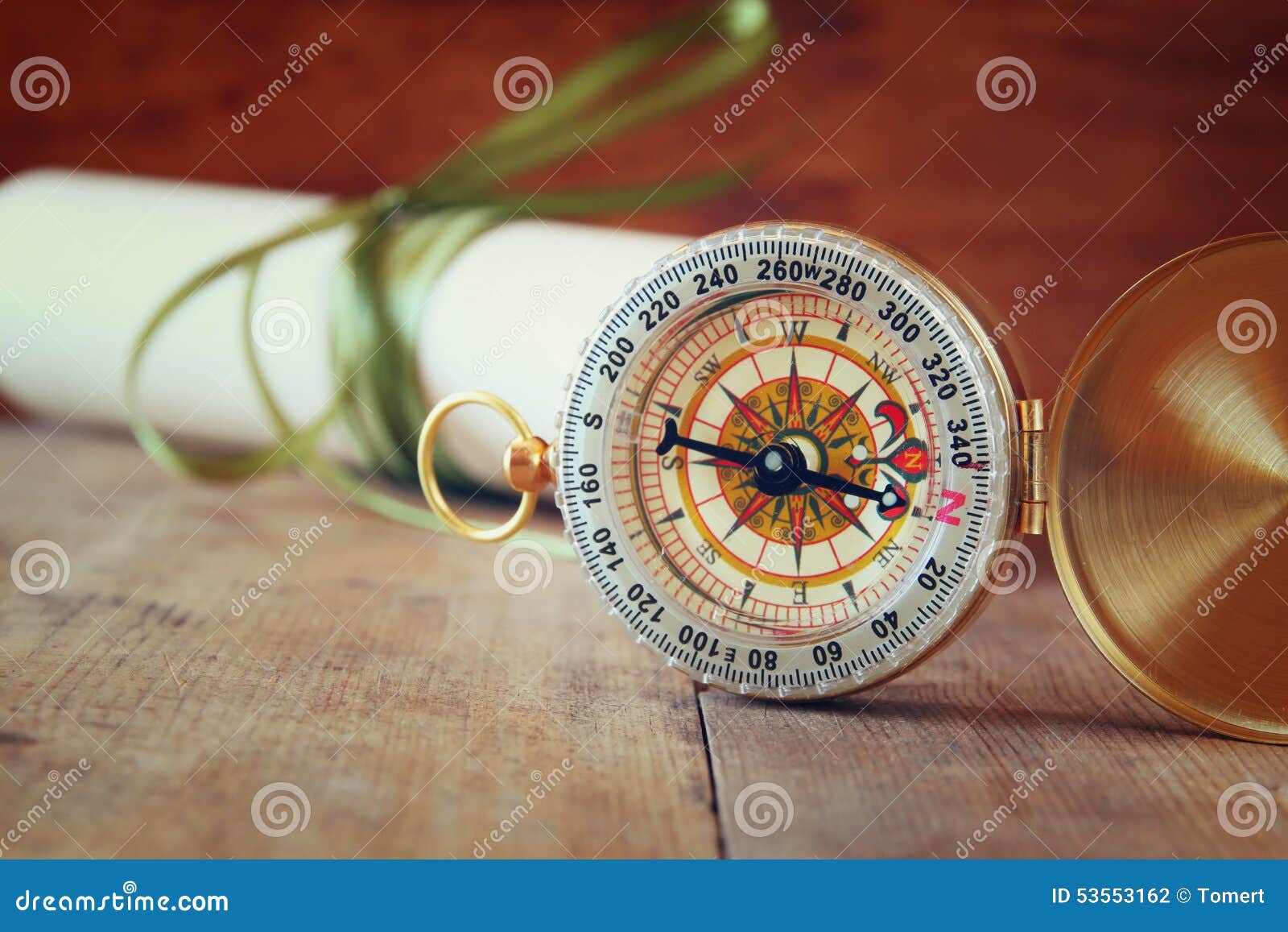 Old Parchment and Antique Compass on Wooden Table Stock Photo - Image ...