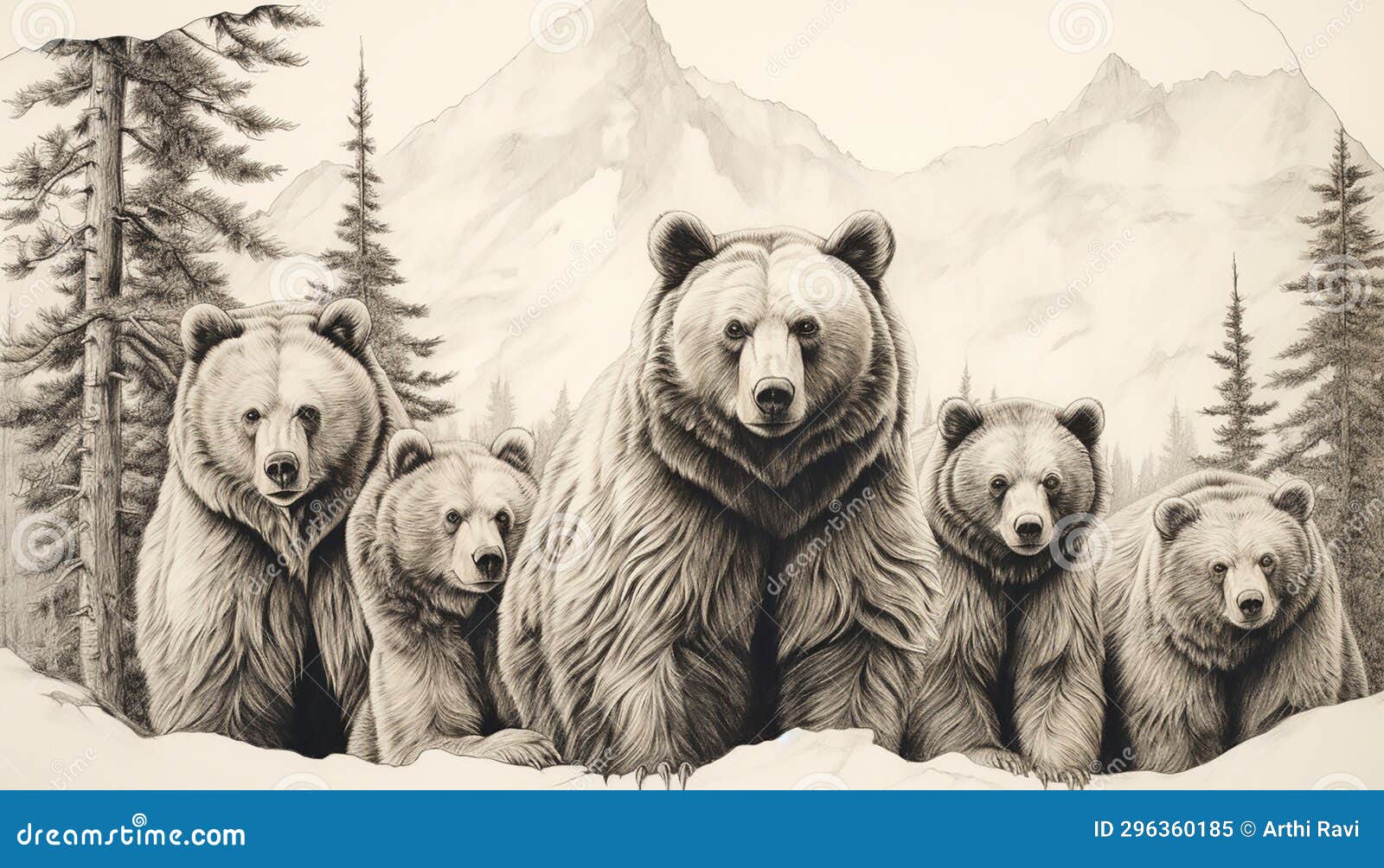 Old Parchment Paper Pencil Outline Drawing of Group of Bear Stock ...